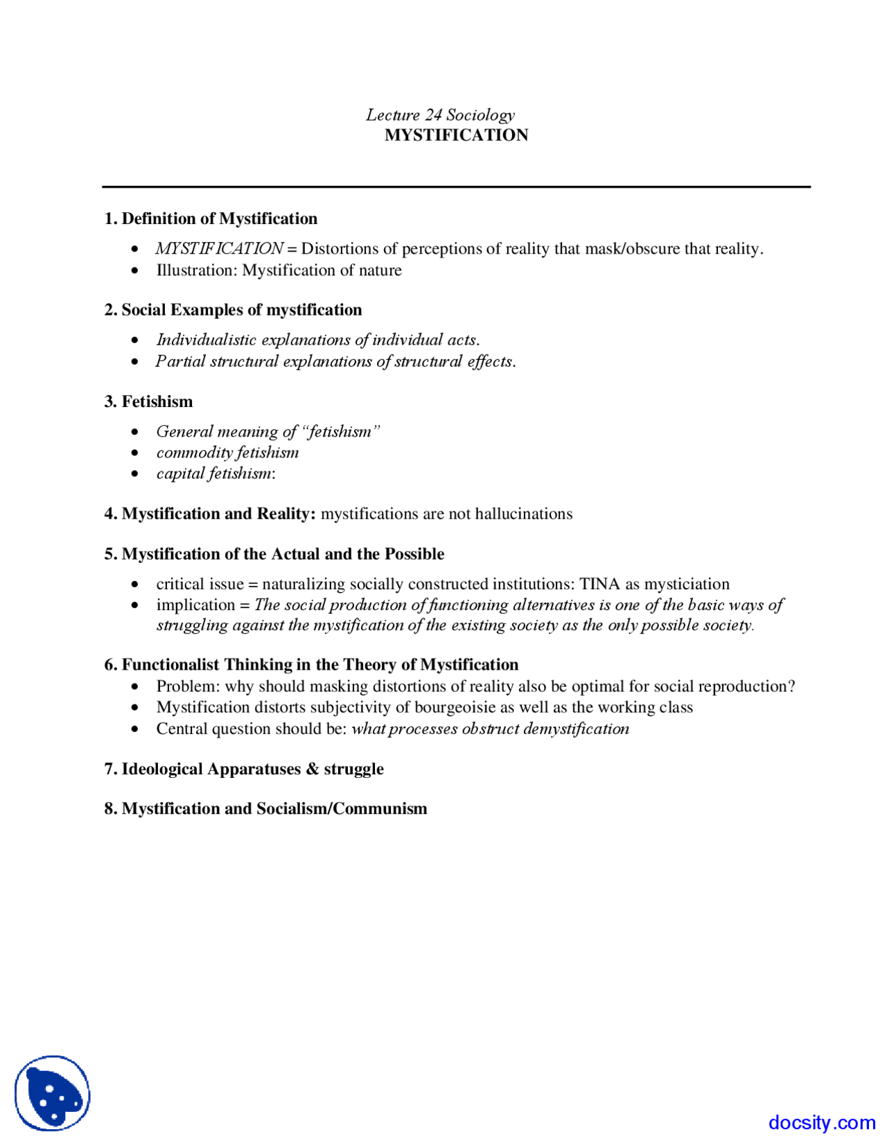 Mystification Sociology Lecture Handouts Docsity