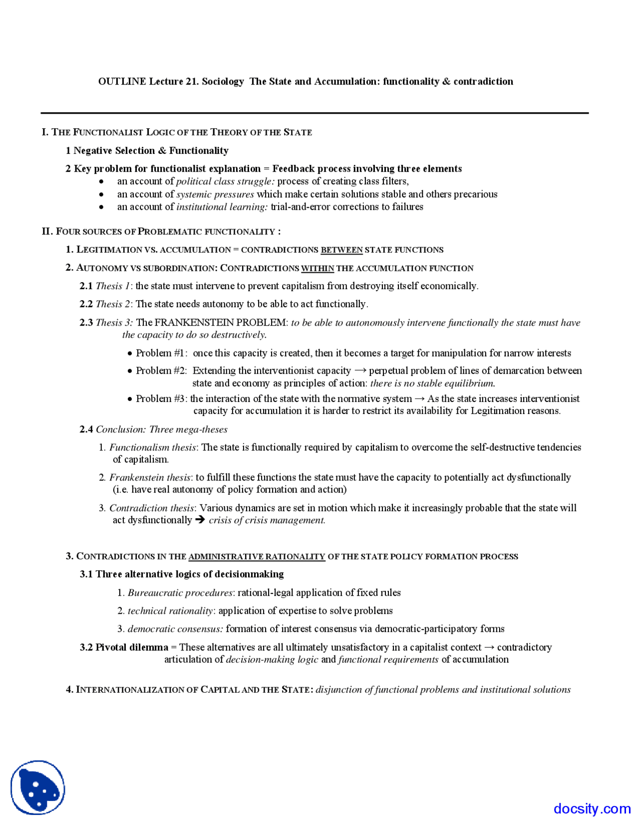 Funtionality And Contradiction Sociology Lecture Handouts Lecture