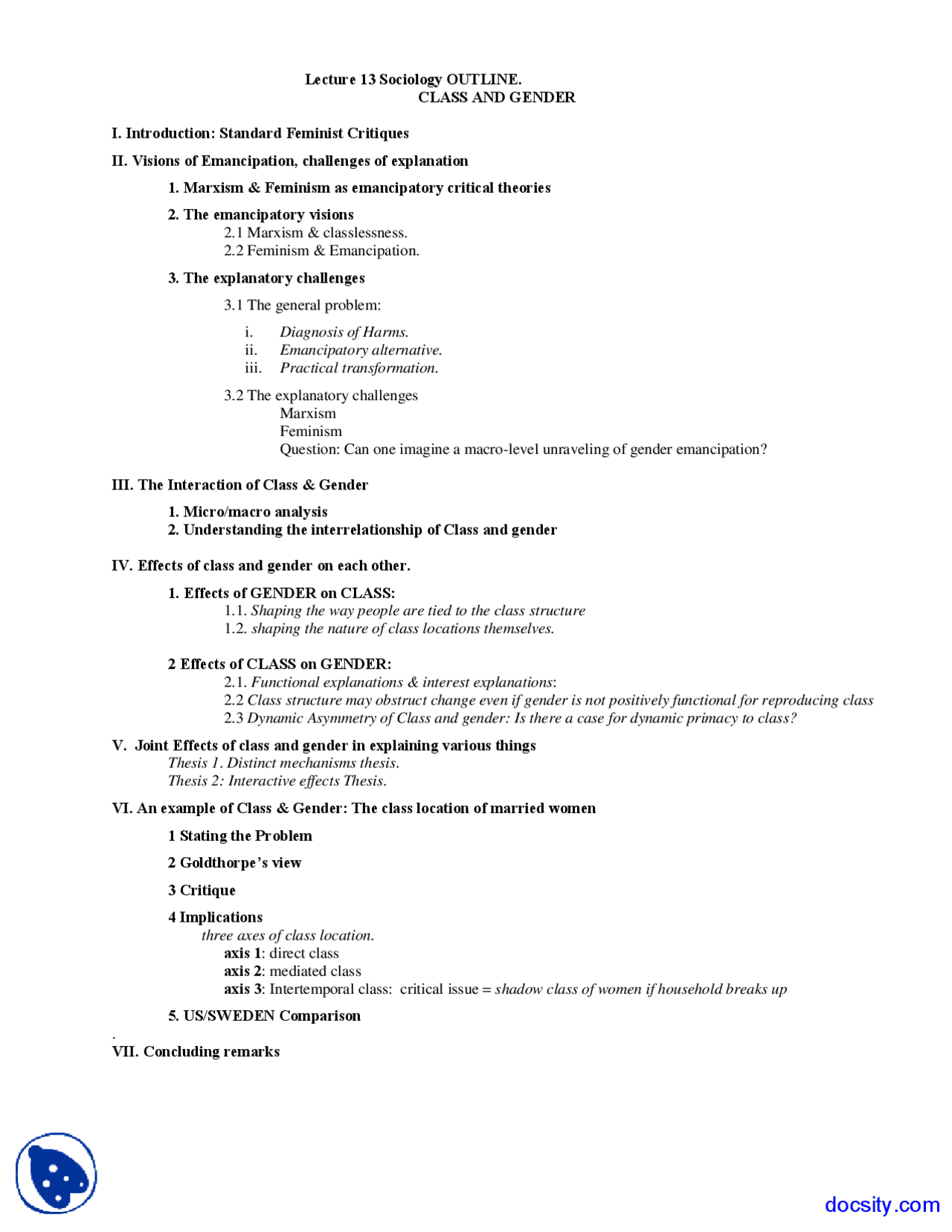 Class And Gender Class And Gender Sociology Lecture Handouts