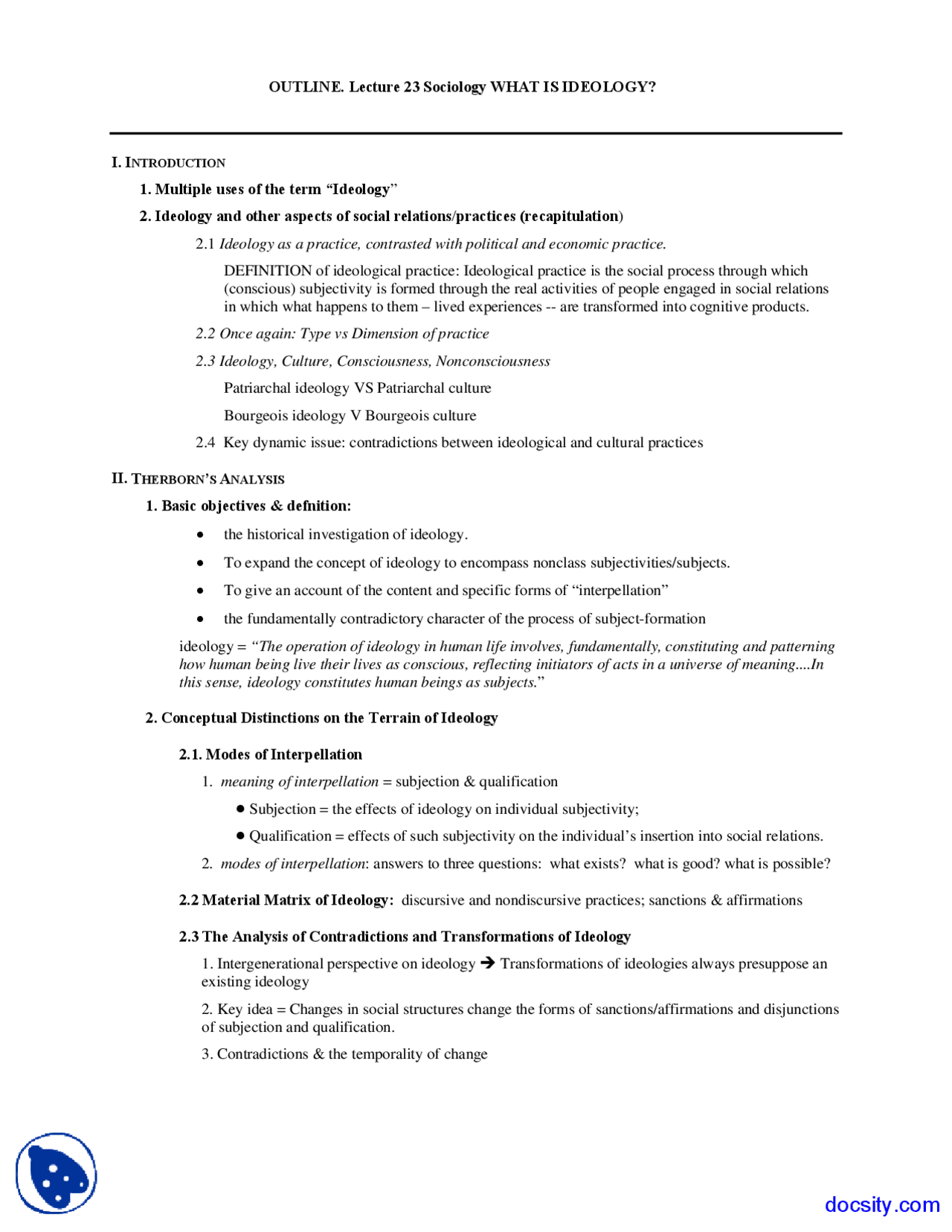 Ideology Sociology Lecture Handouts Docsity