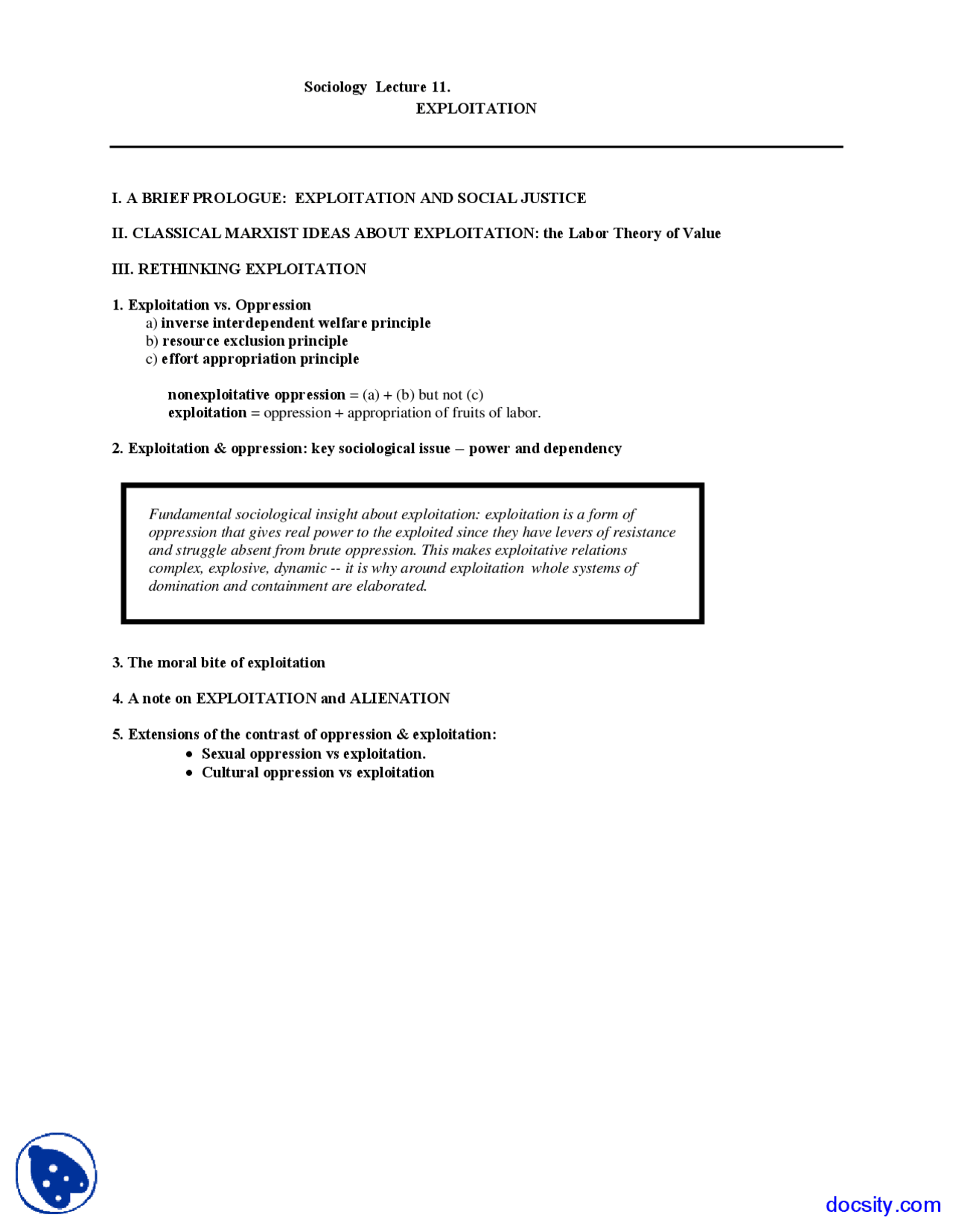 Expolitation Sociology Lecture Handouts Docsity