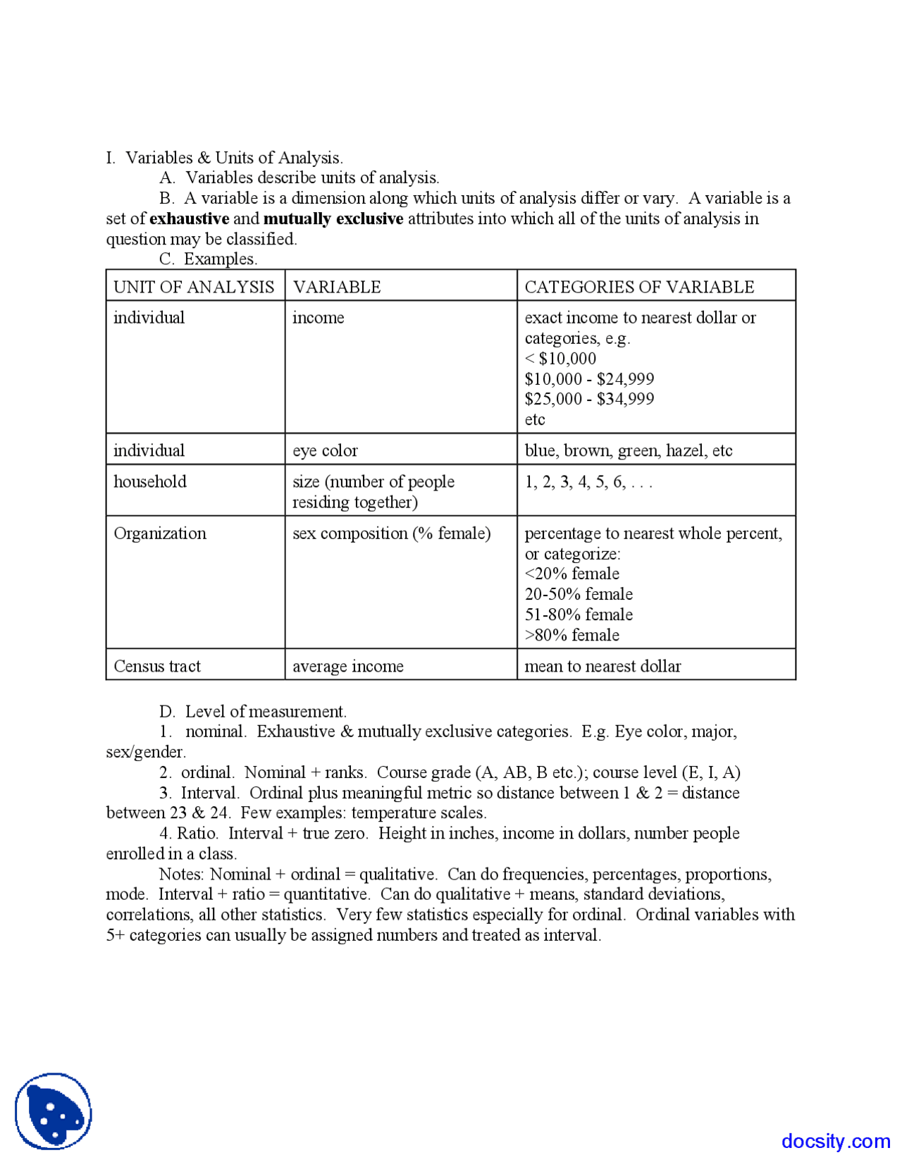 Units And Variables Of Analysis Social Inquiry Lecture Notes Docsity