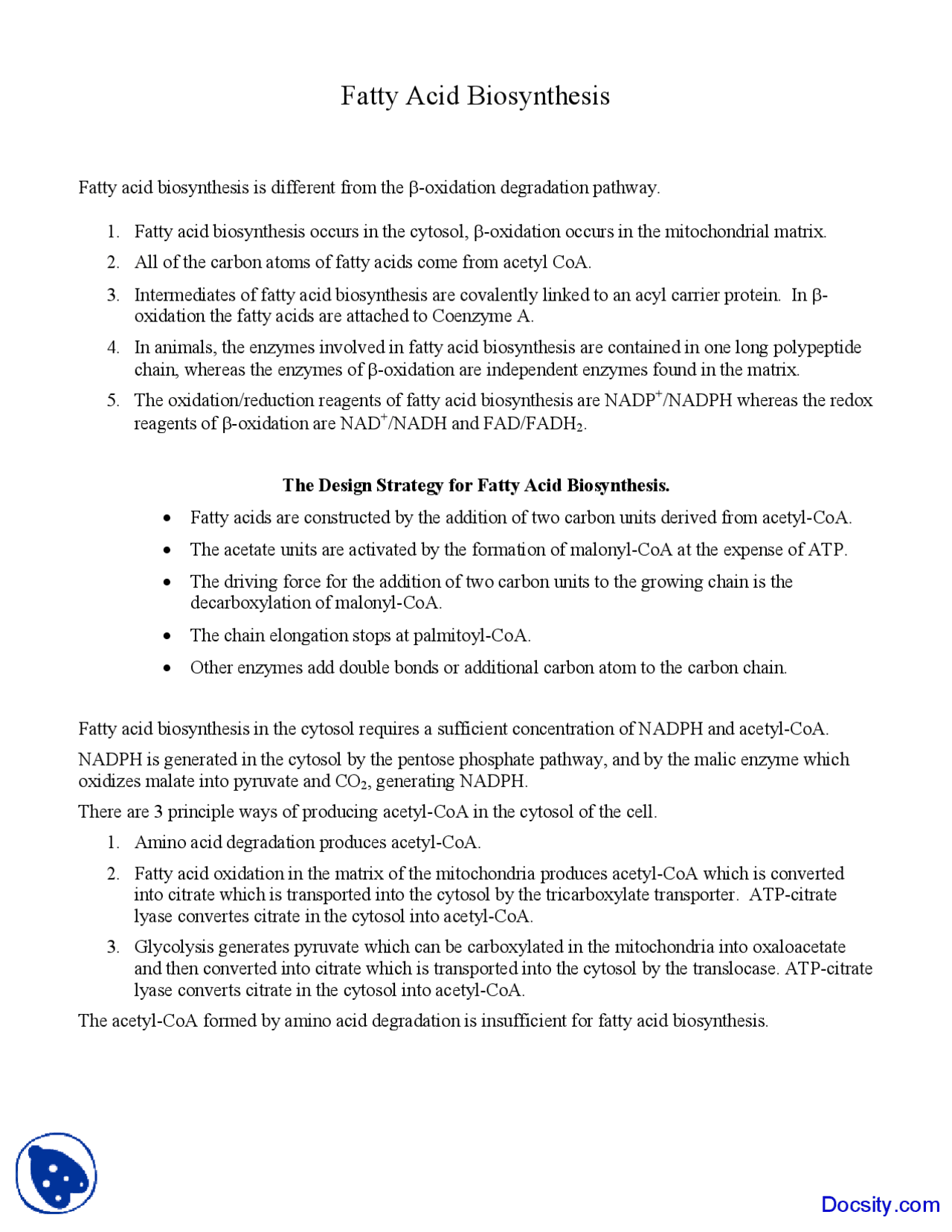 Fatty Acid Biosynthesis - Biochemistry - Lecture Notes | Study notes ...