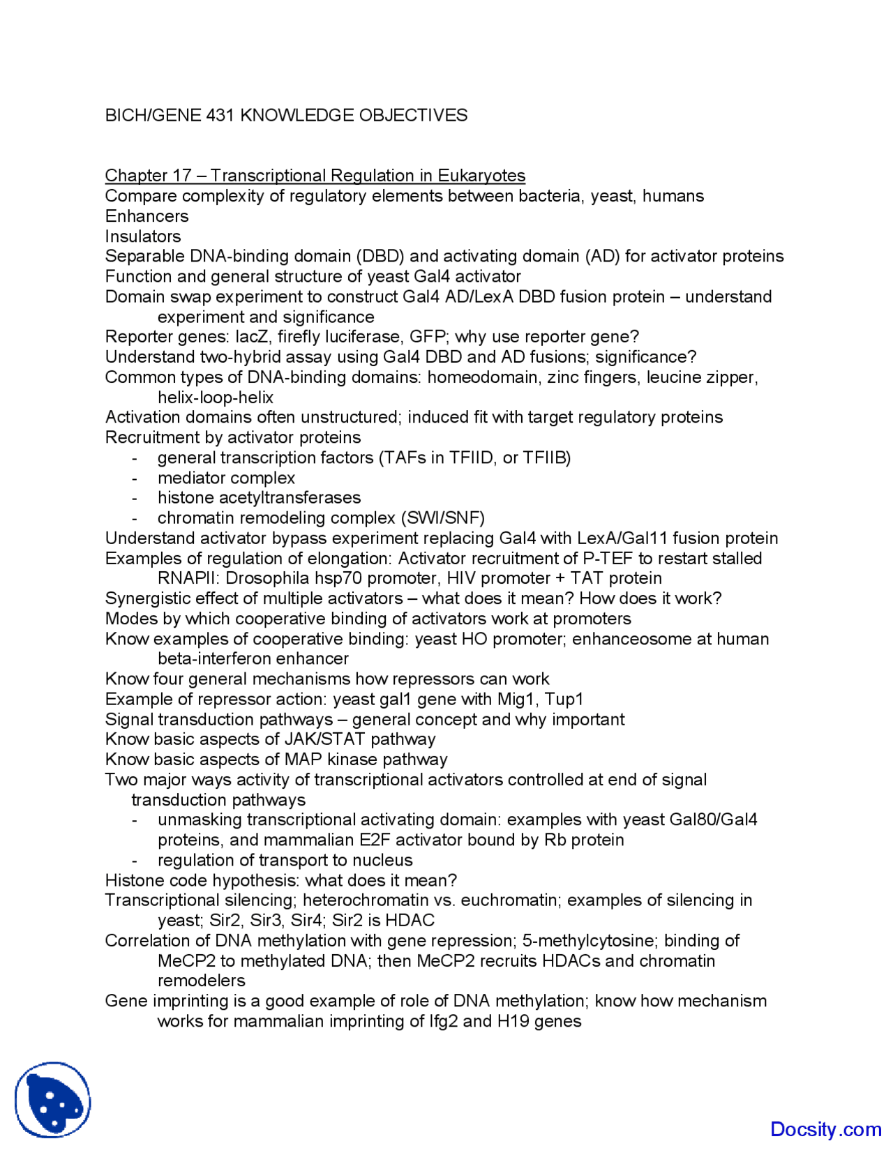 Transcriptional Regulation In Eukaryotes Biochemistry Lecture Notes