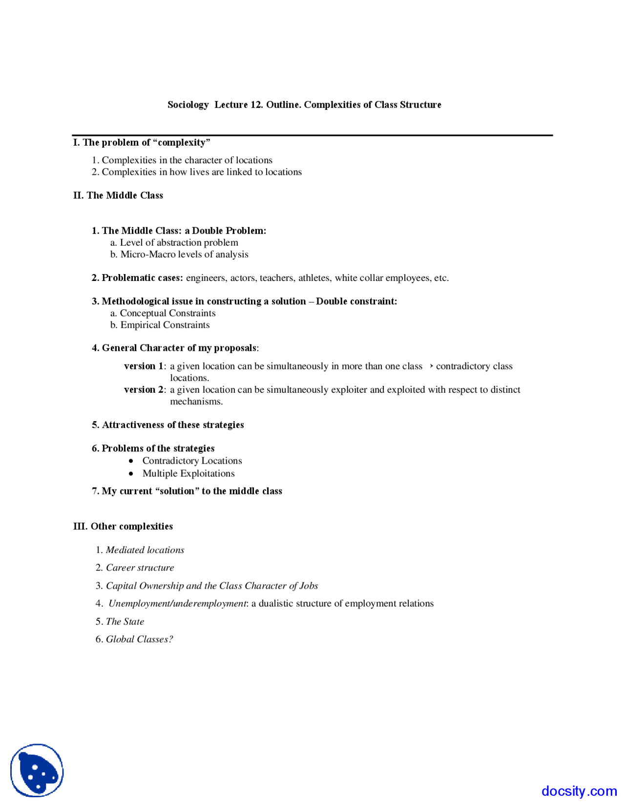 Complexities Of Class Structure Sociology Lecture Handouts Docsity