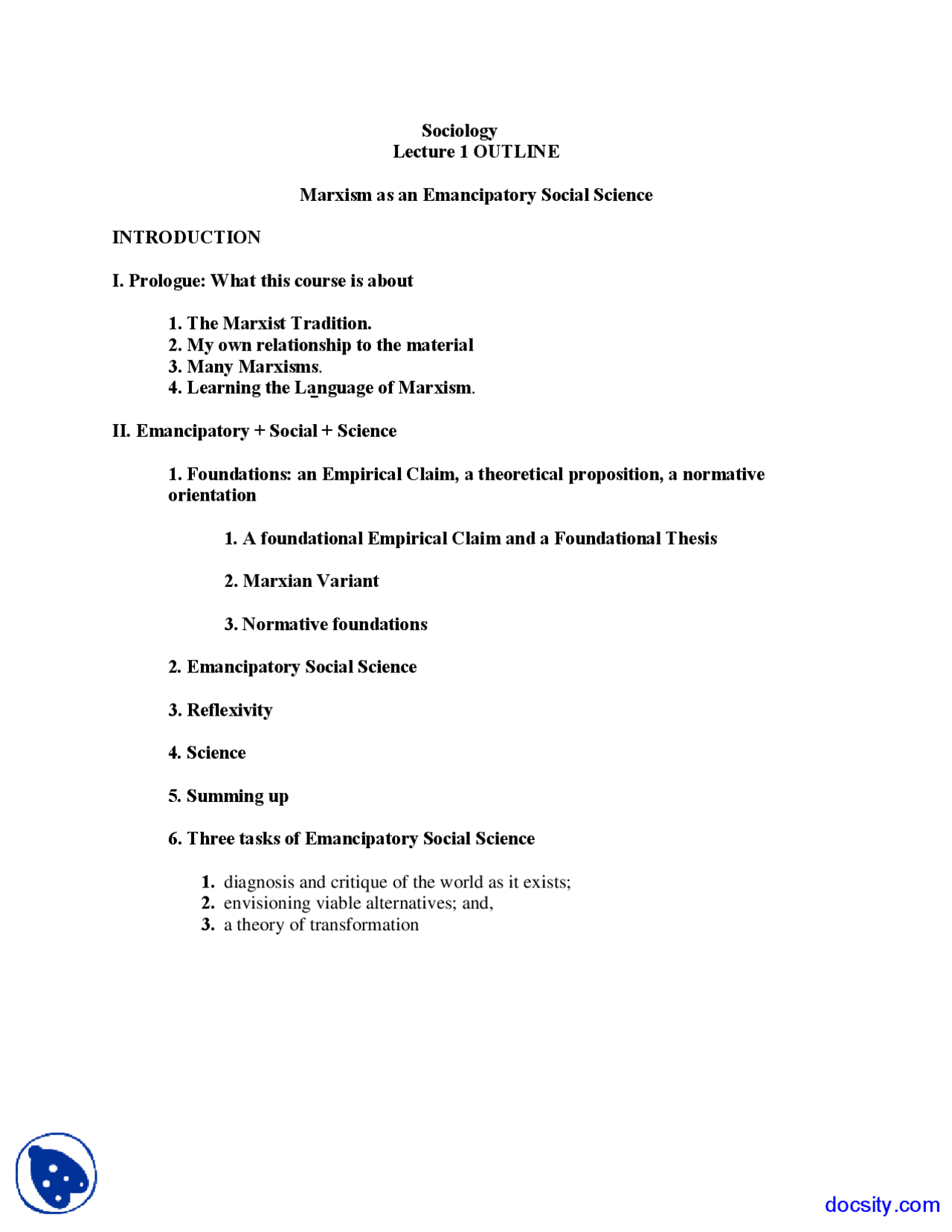 Introduction Outline Sociology Lecture Handouts Docsity