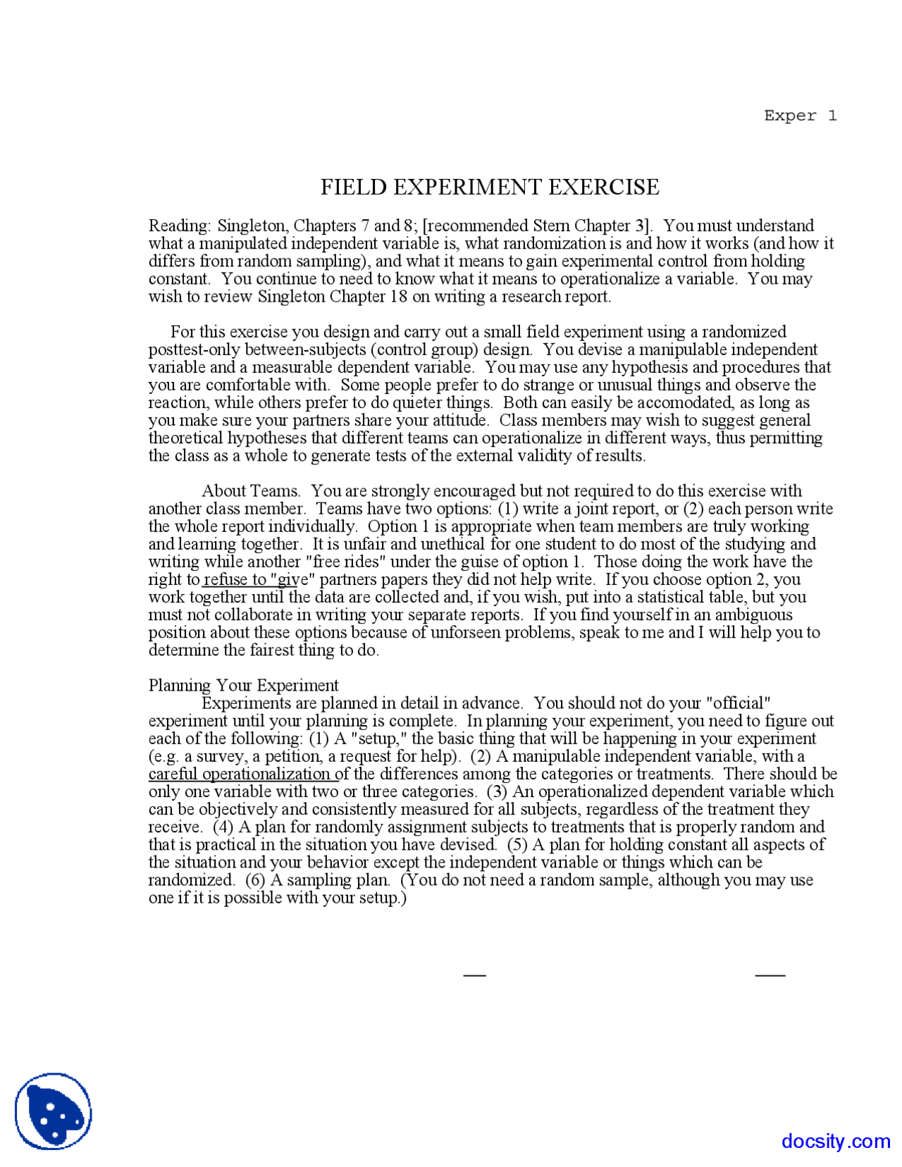 Field Experiment Social Inquiry Lecture Notes Docsity