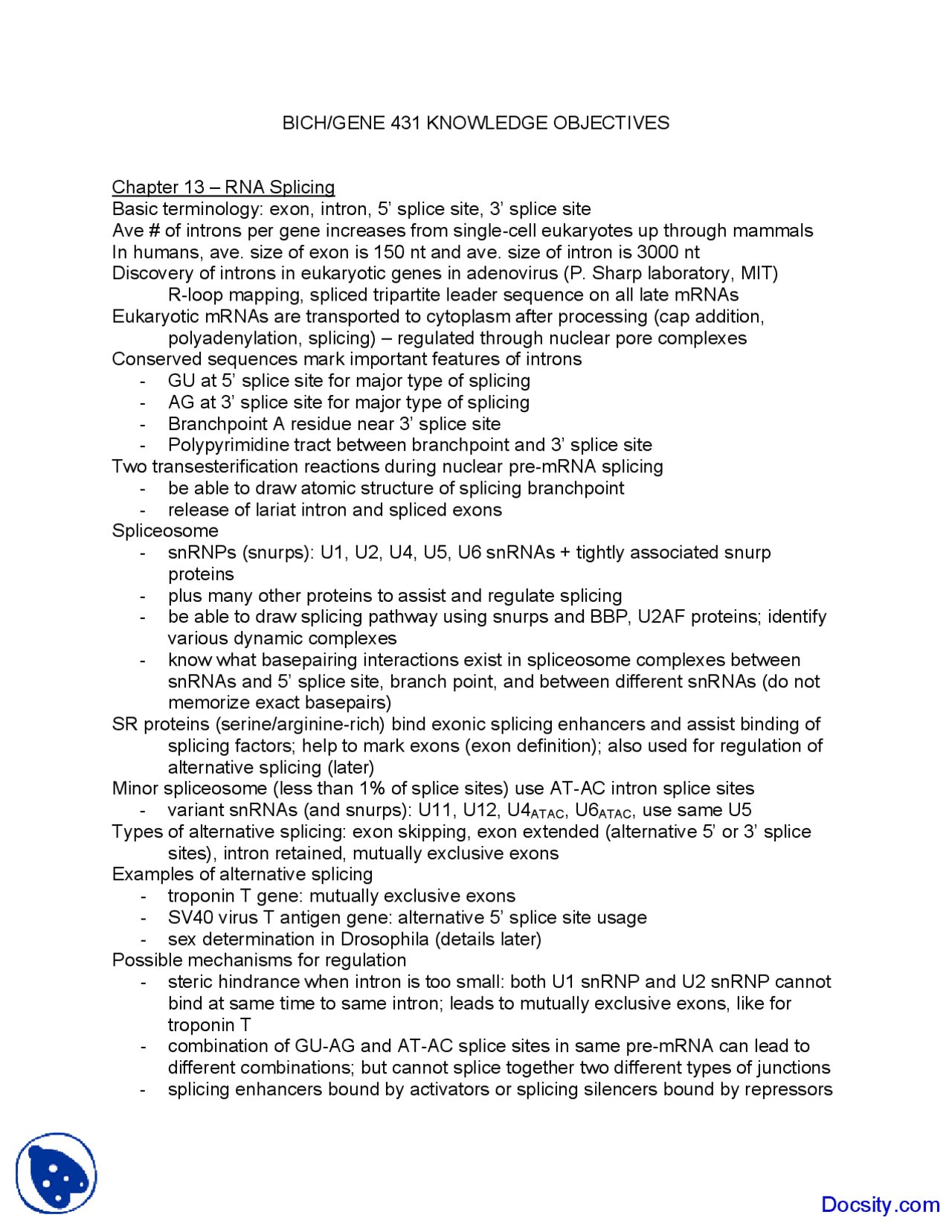 Rna Splicing Biochemistry Lecture Notes Docsity