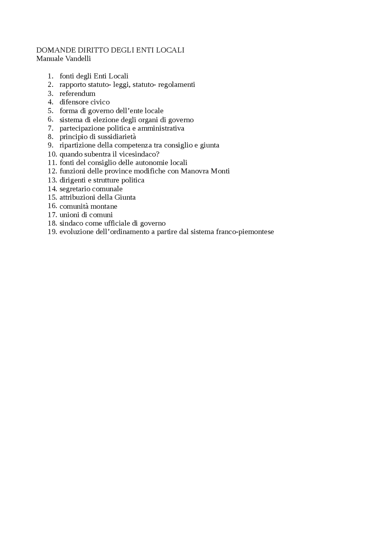 Domande Per Lesame Di Diritto Degli Enti Locali Docsity