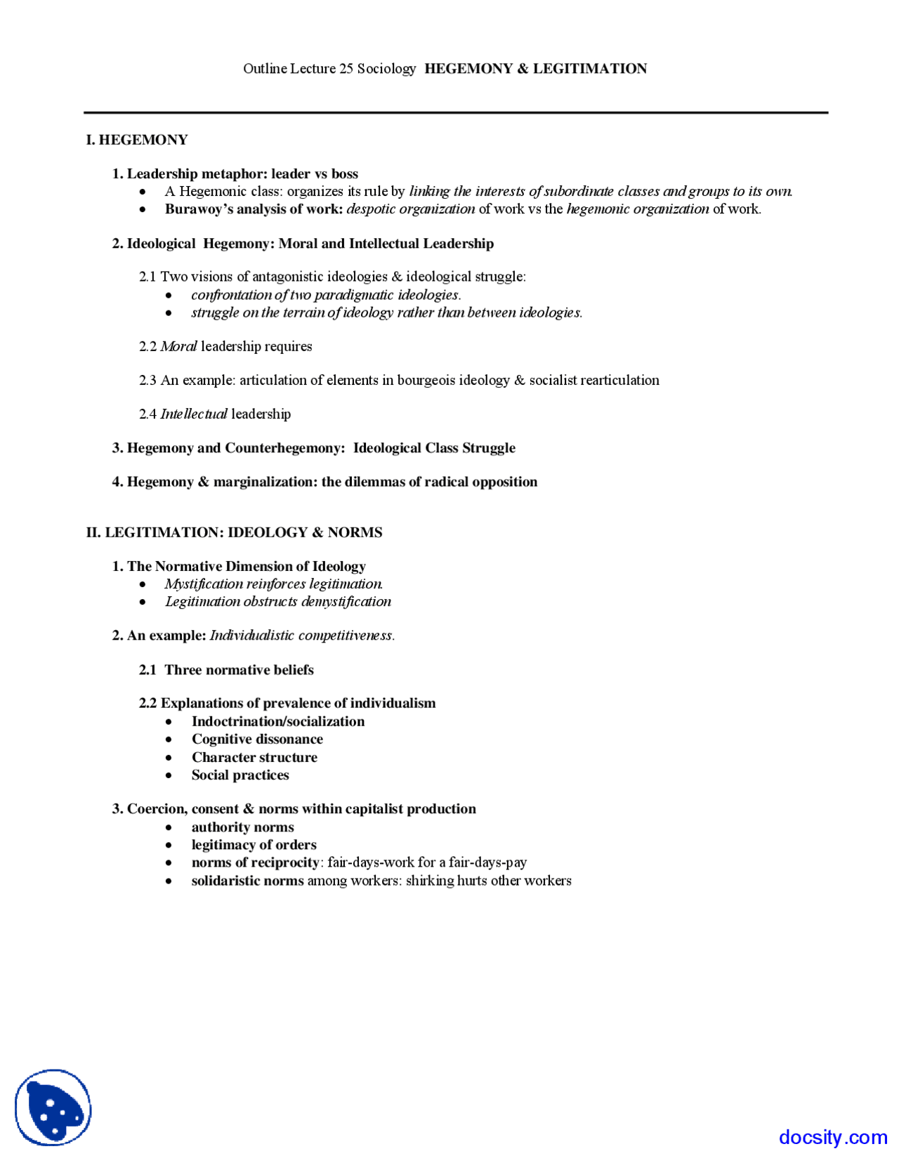 Hegemony And Legitimation Sociology Lecture Handouts Docsity