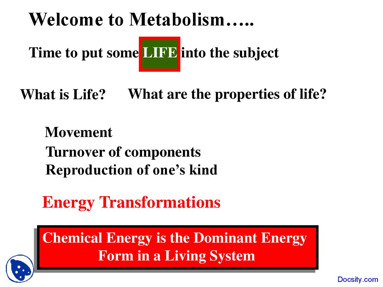 Metabolism Energy Transformations Biochemistry Lecture Slides Docsity