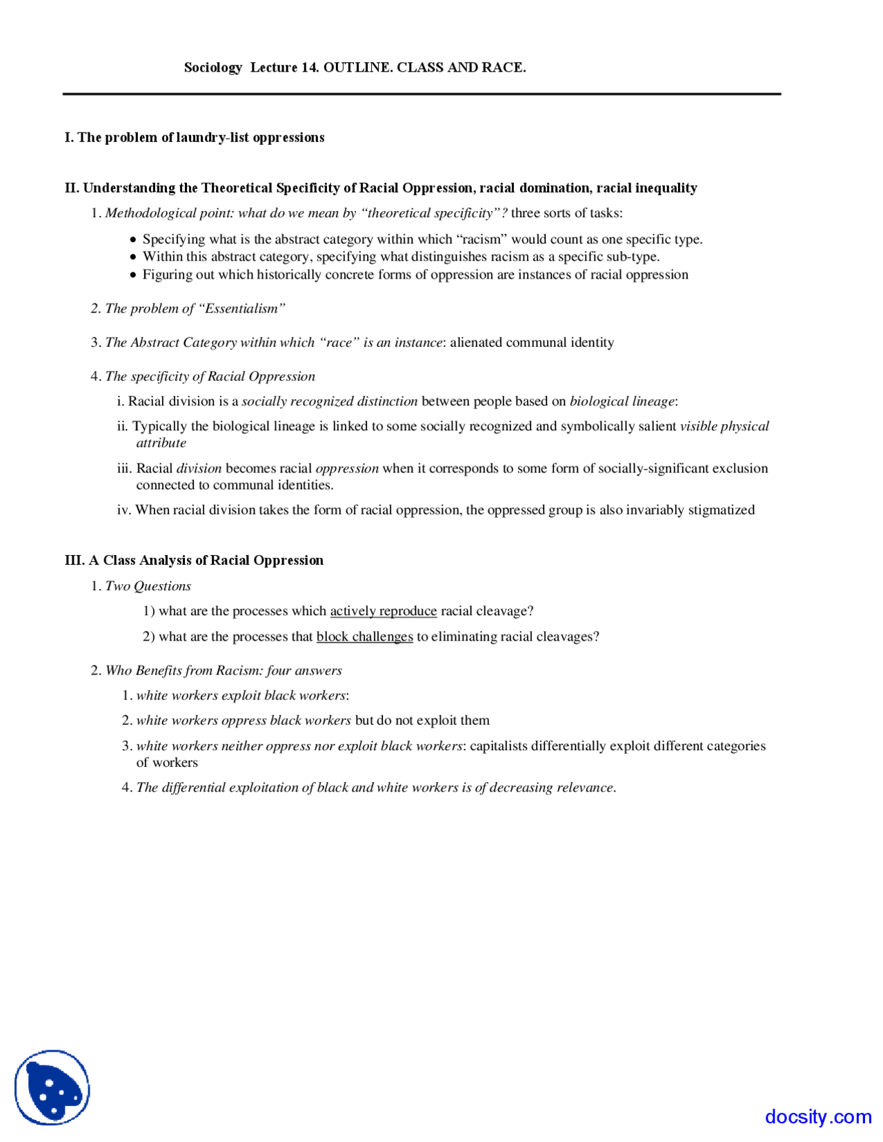 Class And Race Sociology Lecture Handouts Docsity