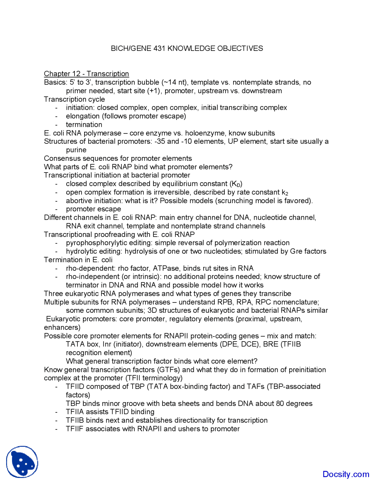 Transcription Biochemistry Lecture Notes Docsity
