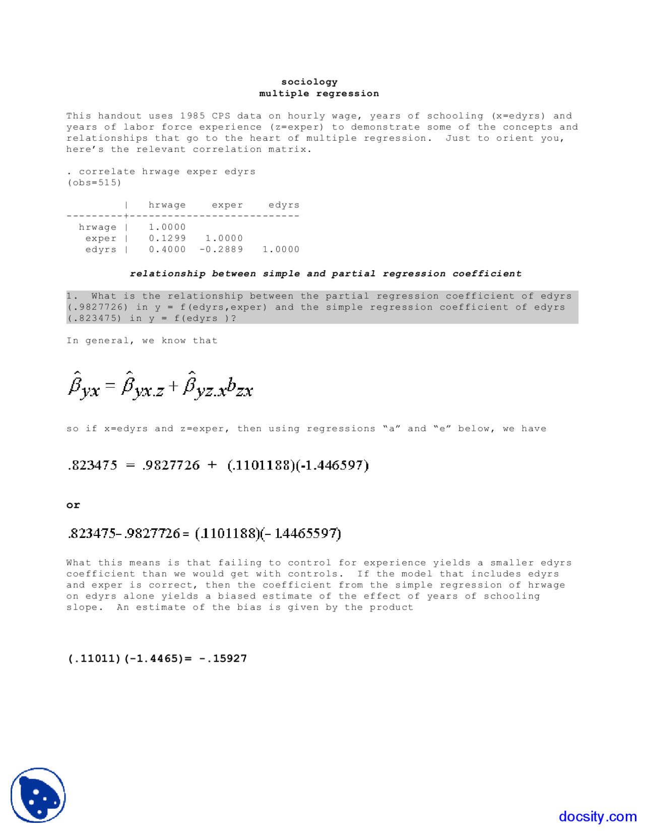 Multiple Regression Sociology Lecture Notes Docsity