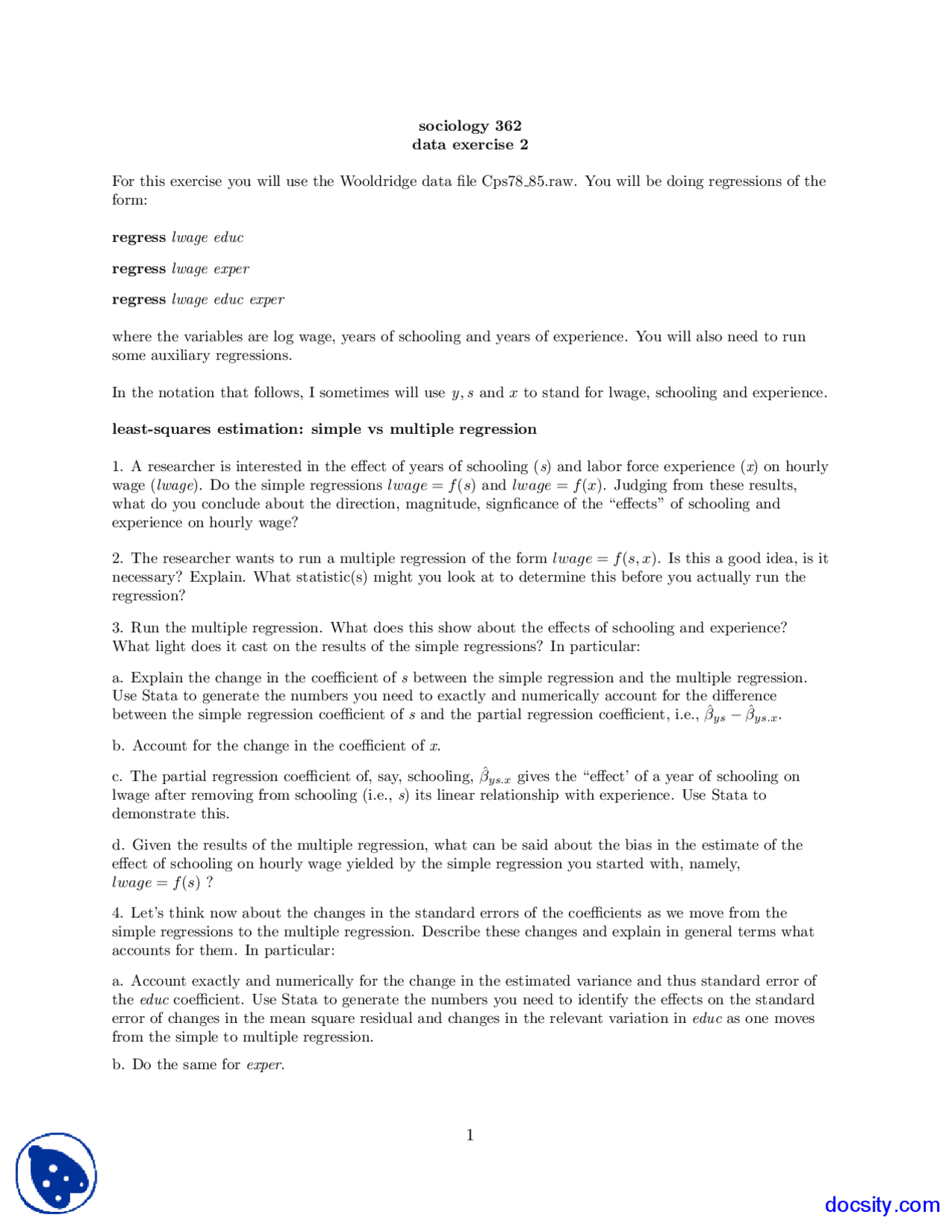Data File Exercise Sociology Lecture Notes Docsity