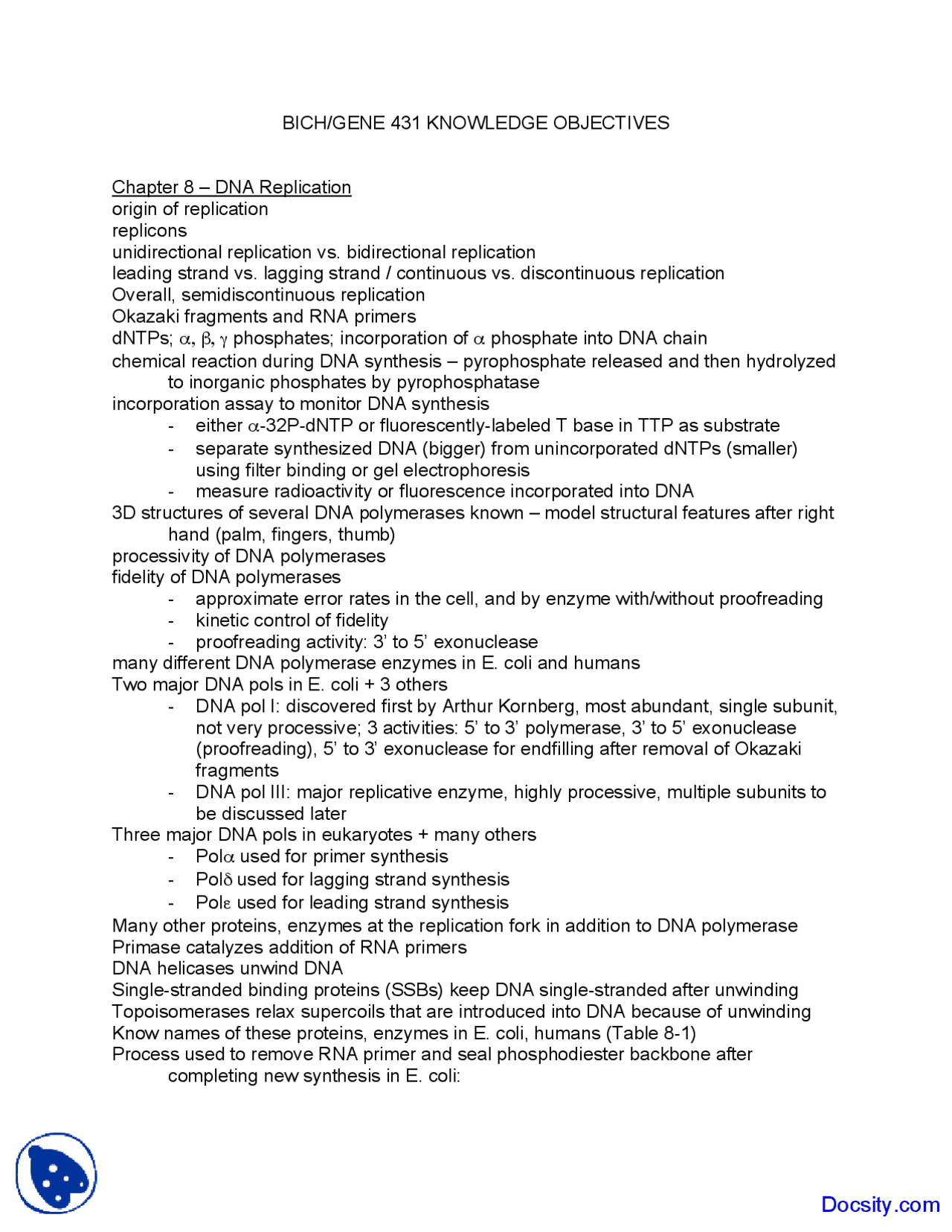 Dna Replication Biochemistry Lecture Notes Docsity