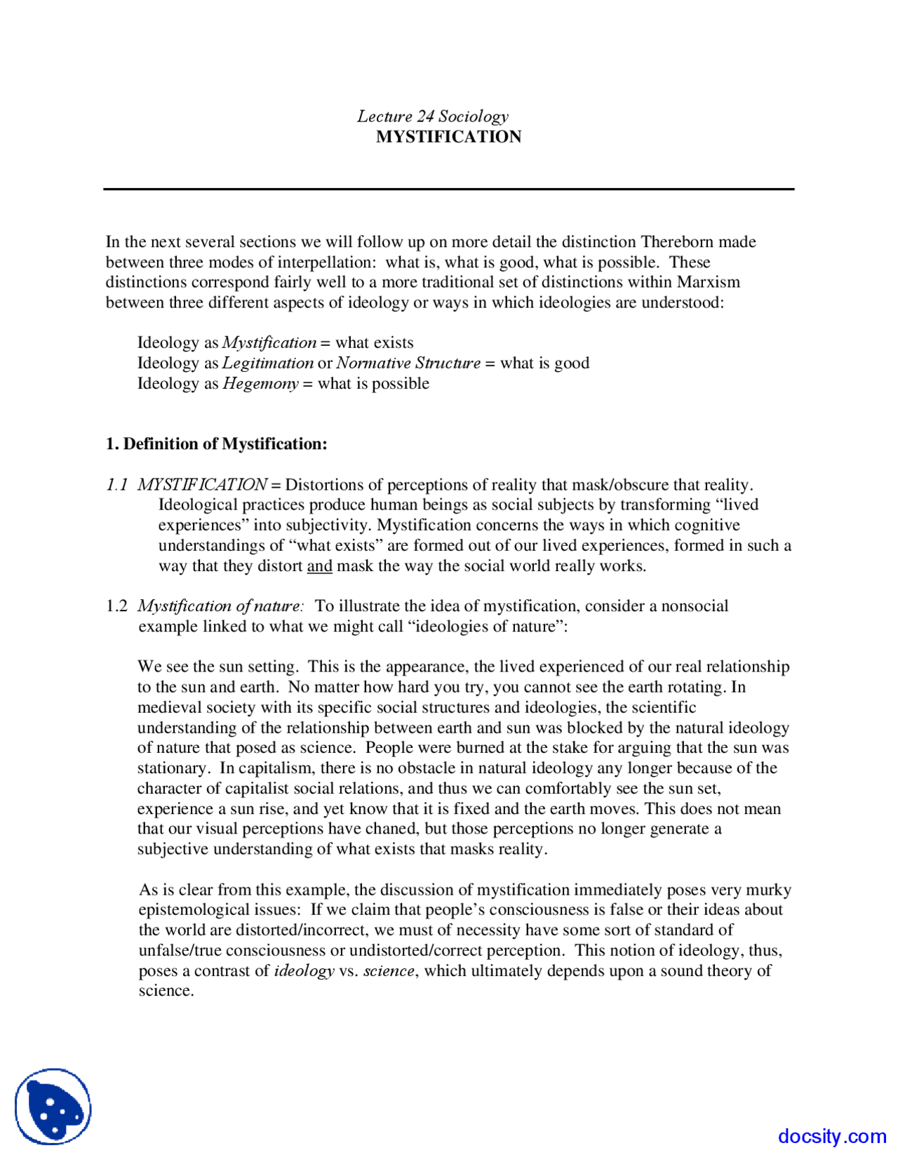 Mystification Sociology Lecture Notes Docsity