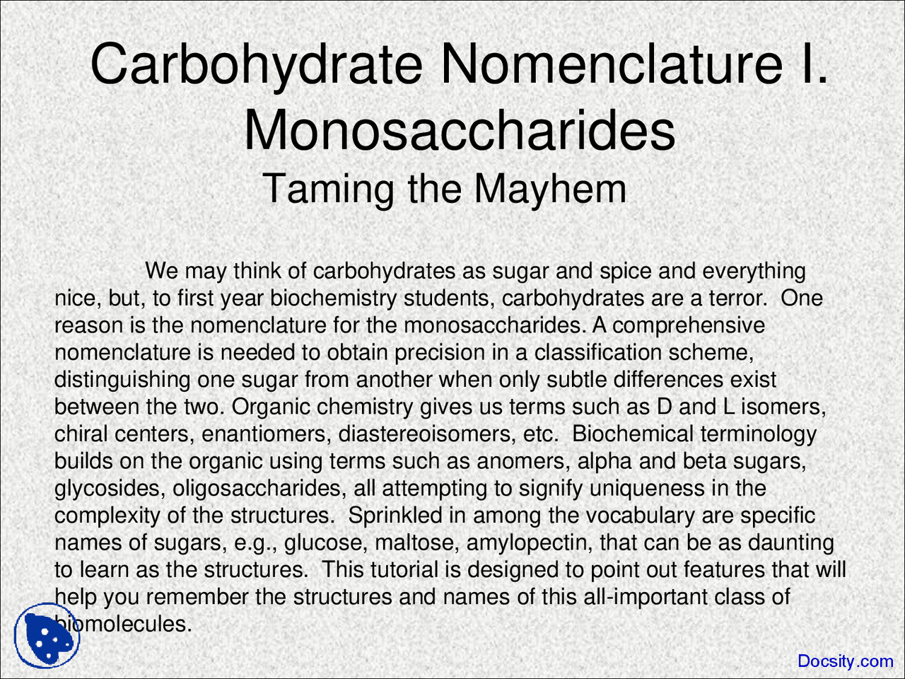 Carbohydrate Nomenclature Biochemistry Lecture Slides Docsity