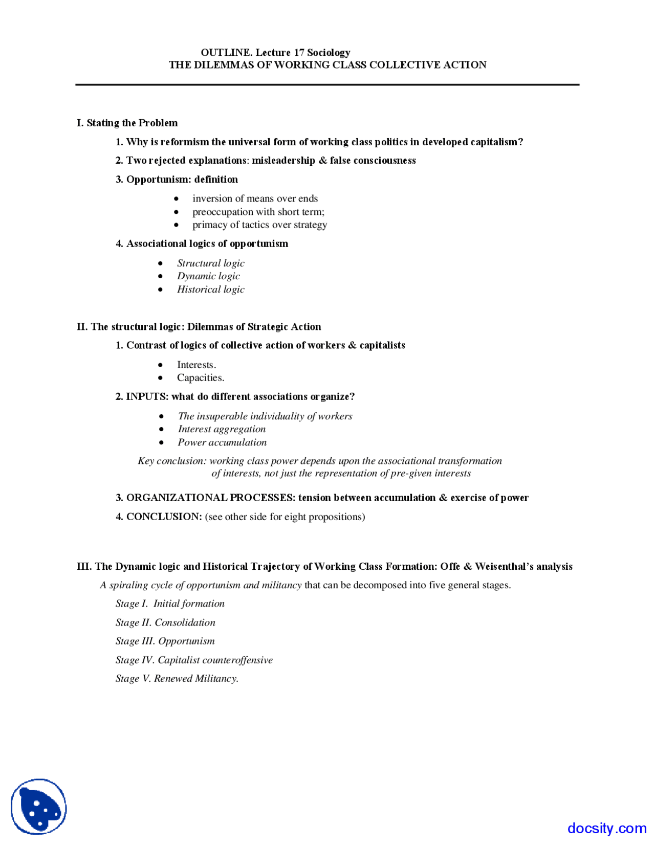Dilemmas Of Working Class Sociology Lecture Handouts Docsity