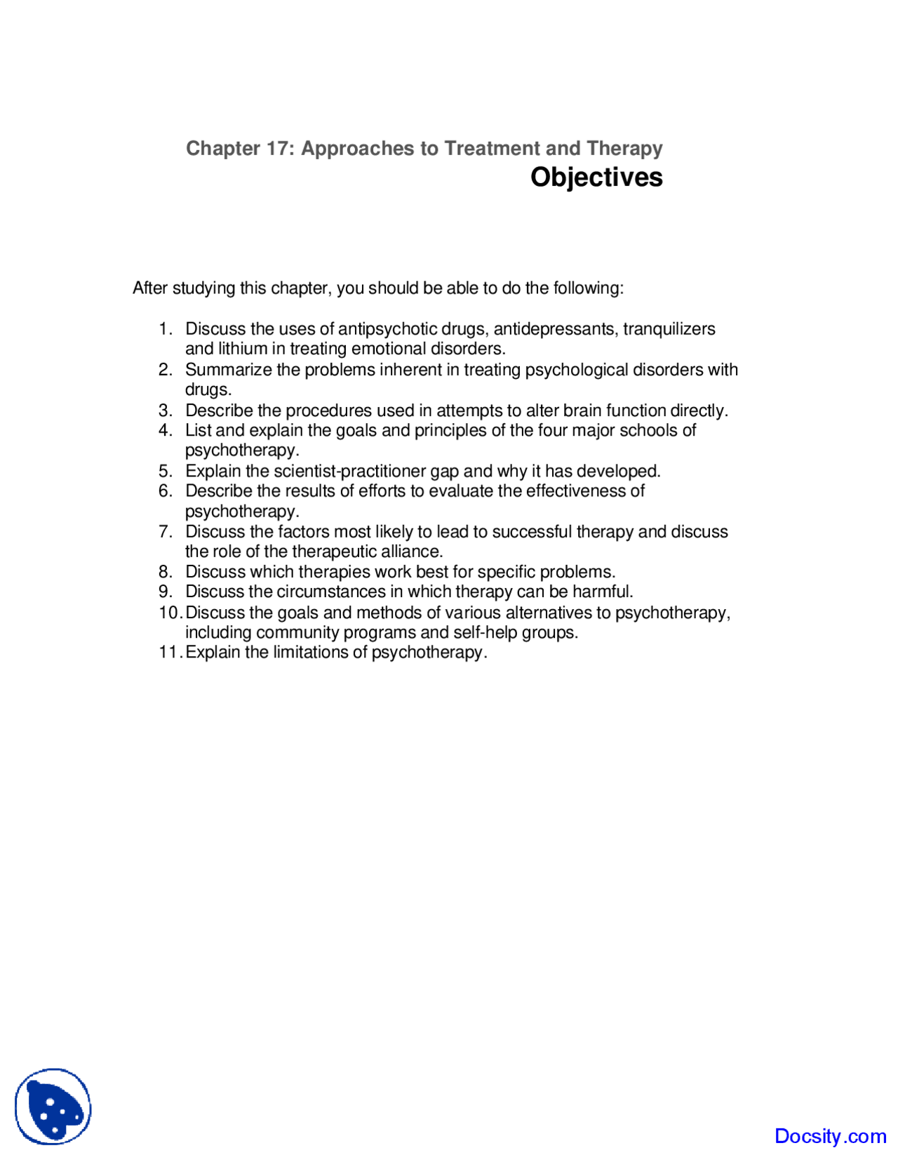 Approaches to Treatment and Therapy - Cognitive Psychology - Quiz - Docsity