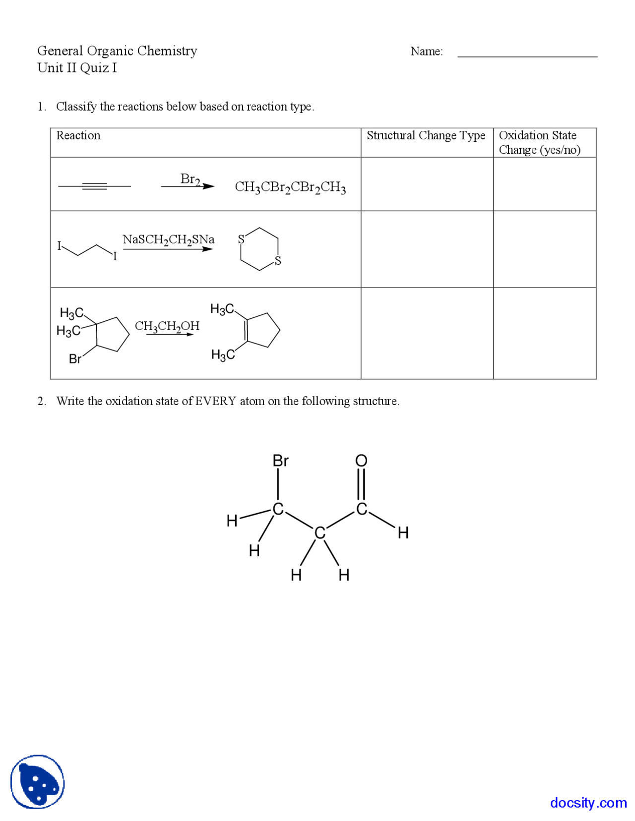 Structural Change Type - Organic Chemistry - Quiz - Docsity