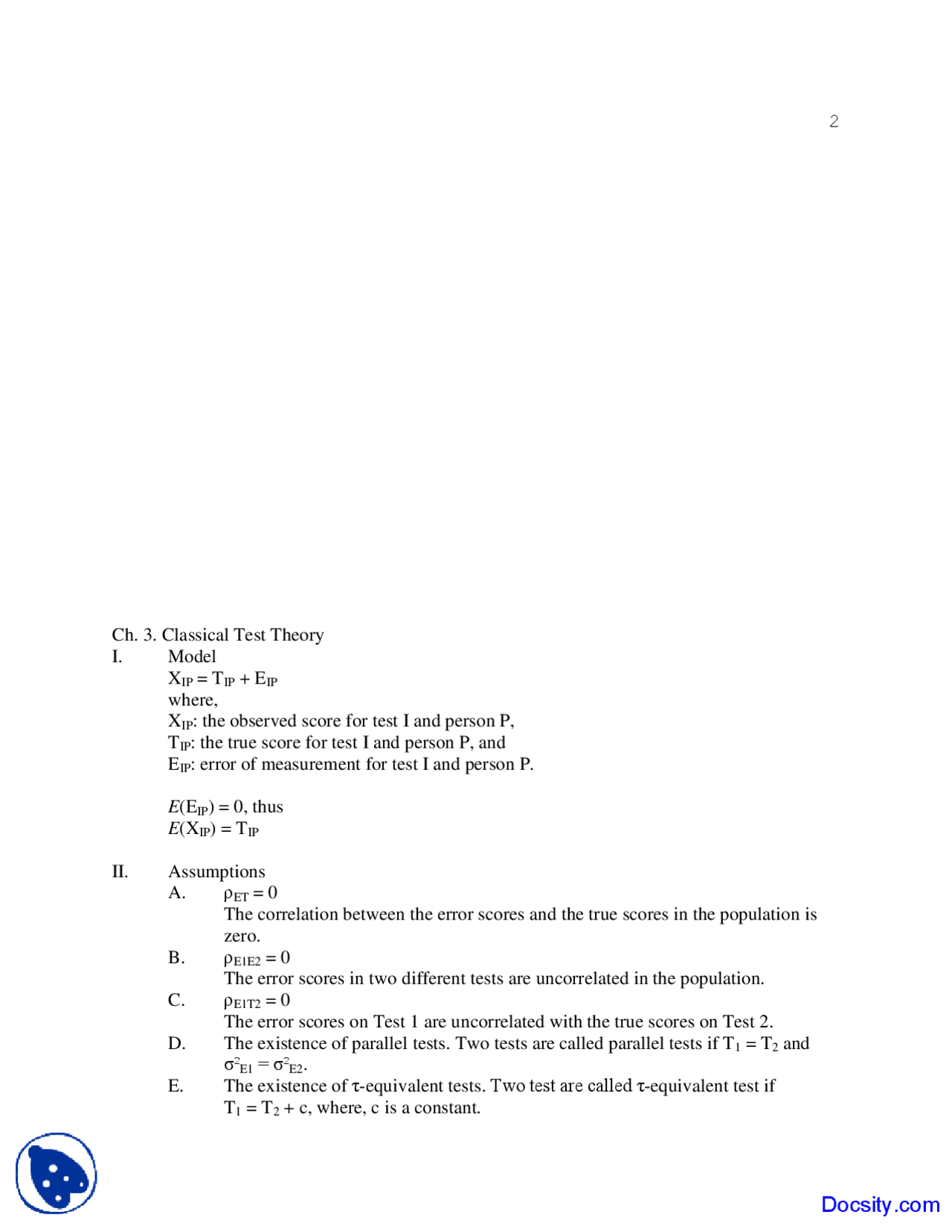 Classical Test Theory Basic Statistics For Behavioral Sciences Lecture Notes Docsity