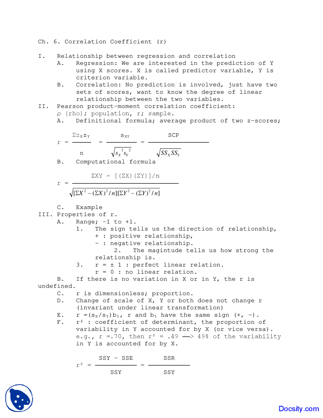 Correlation Coefficient Basic Statistics For Behavioral Sciences Lecture Notes Docsity