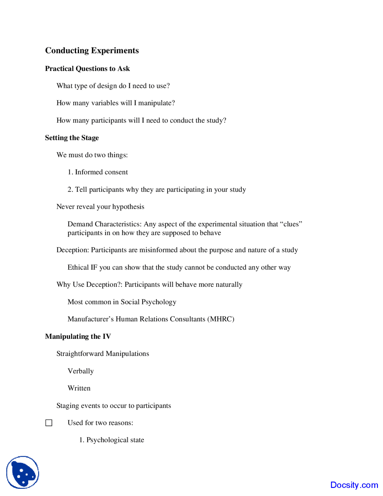 Conducting Experiments Experimental Psychology Lecture Notes Docsity