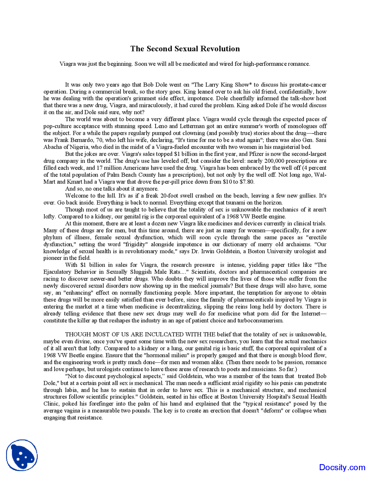 Second Sexual Revolution Psychosexual Adjustment Lecture Notes