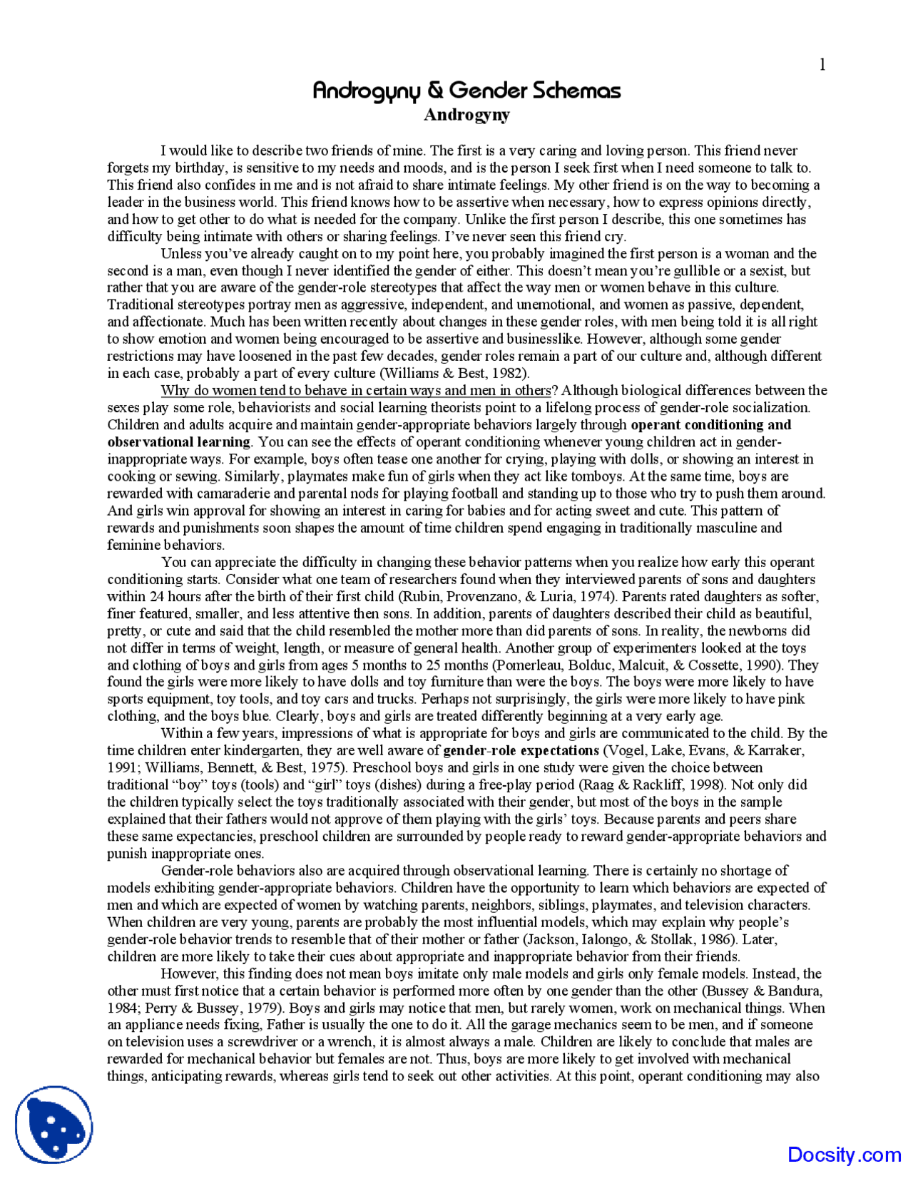 Androgyny And Gender Schemas Psychosexual Adjustment Lecture Notes