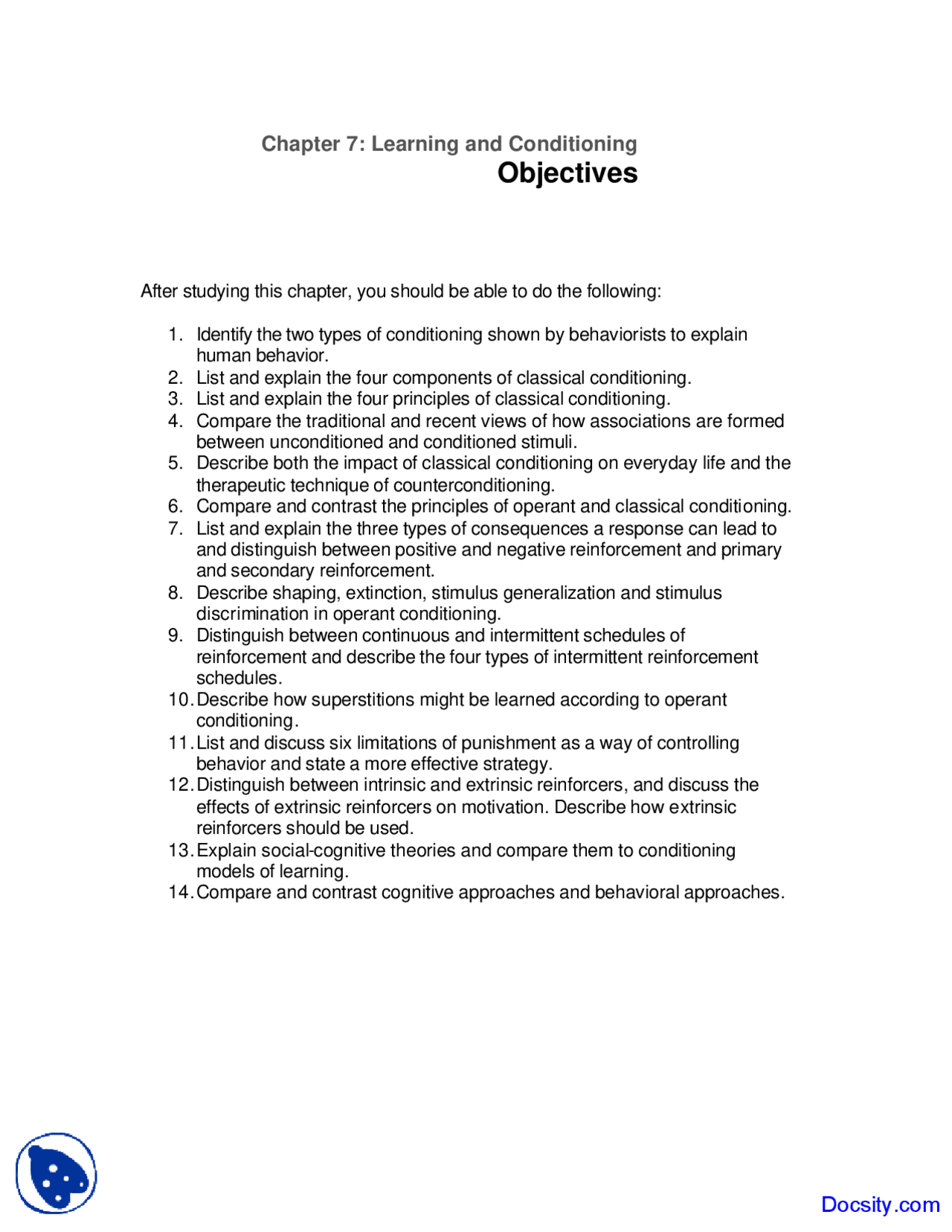 Learning And Types Of Conditioning Cognitive Psychology Quiz Docsity