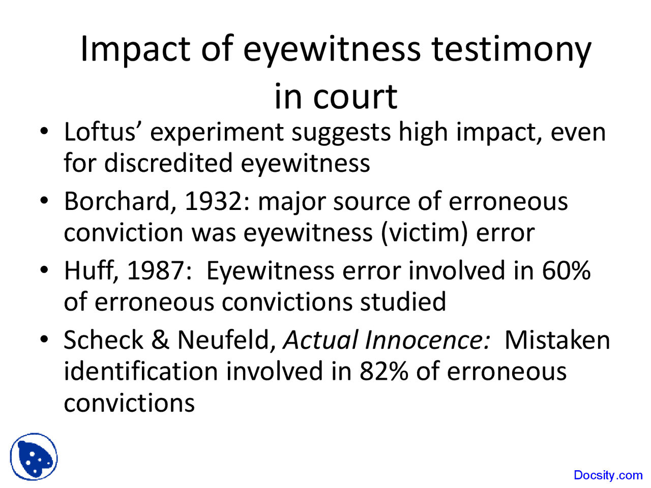 Eyewitness - Forensic Psychology - Lecture Slides - Docsity