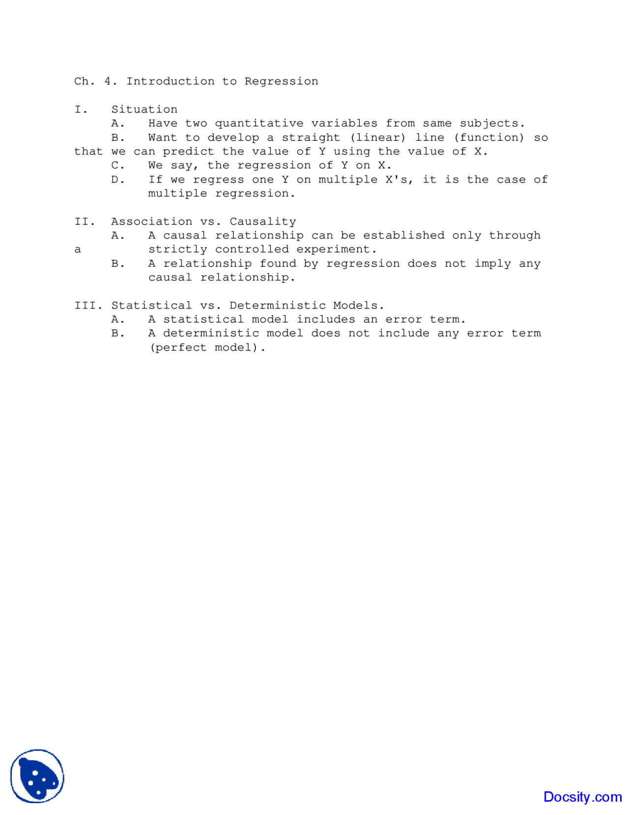 Introduction To Regression Basic Statistics For Behavioral Sciences Lecture Notes Docsity