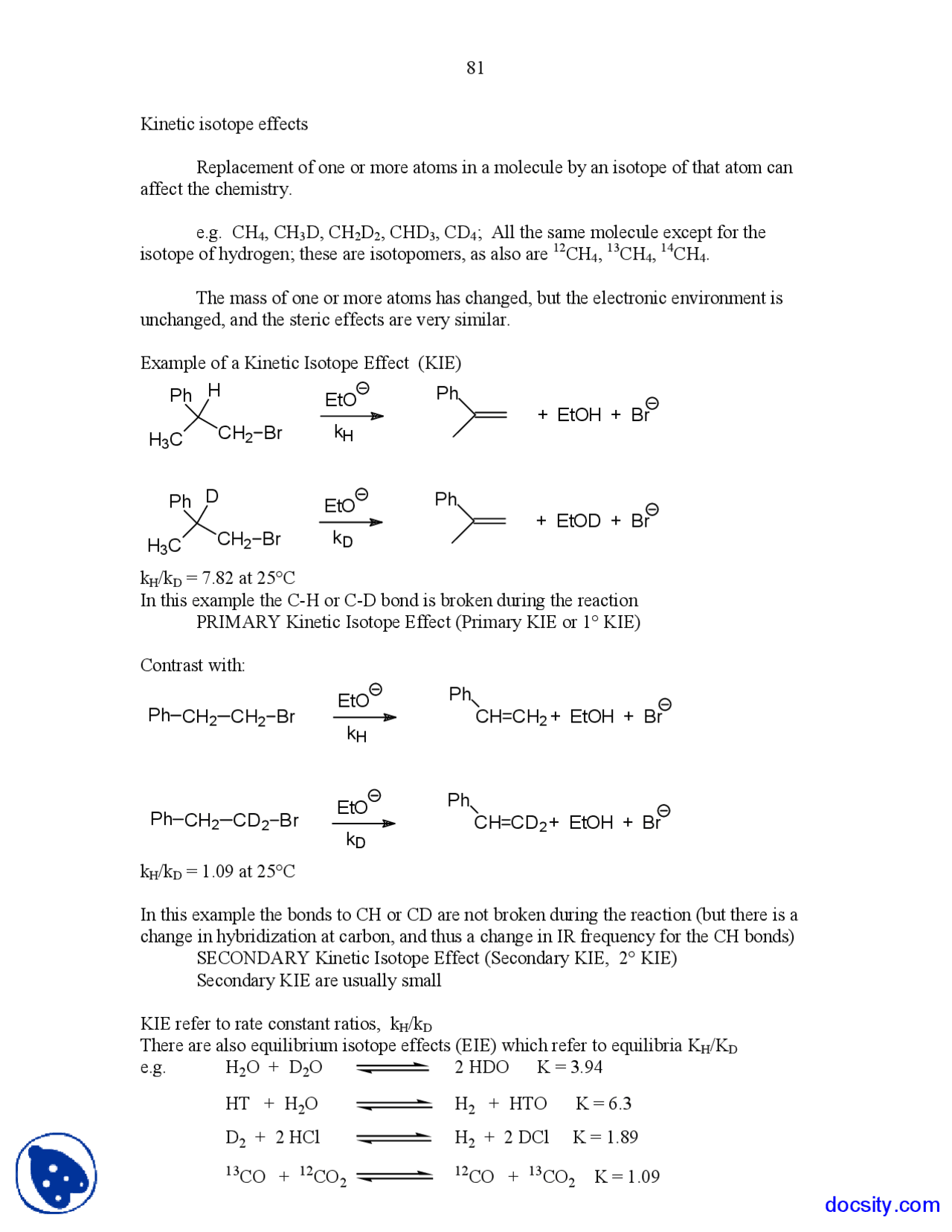 Kinetic Isotope Effects Macro Molecules Lecture Handouts Docsity