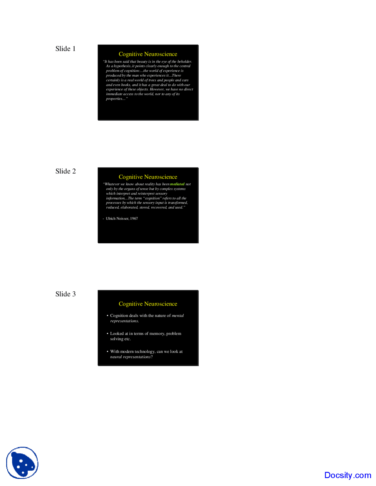 Cognitive Neuroscience Fundamentals Of Cognitive Science Lecture Slides Docsity