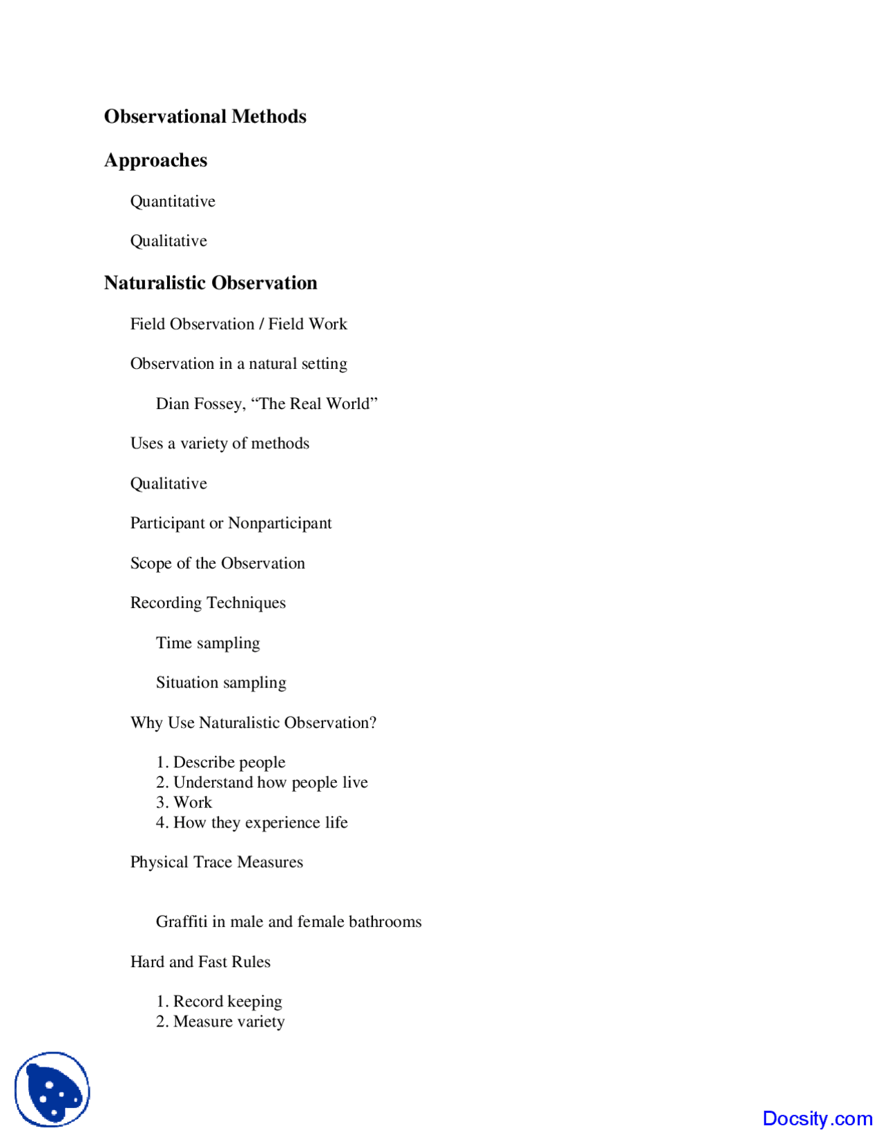 Observational Methods Experimental Psychology Lecture Notes Docsity