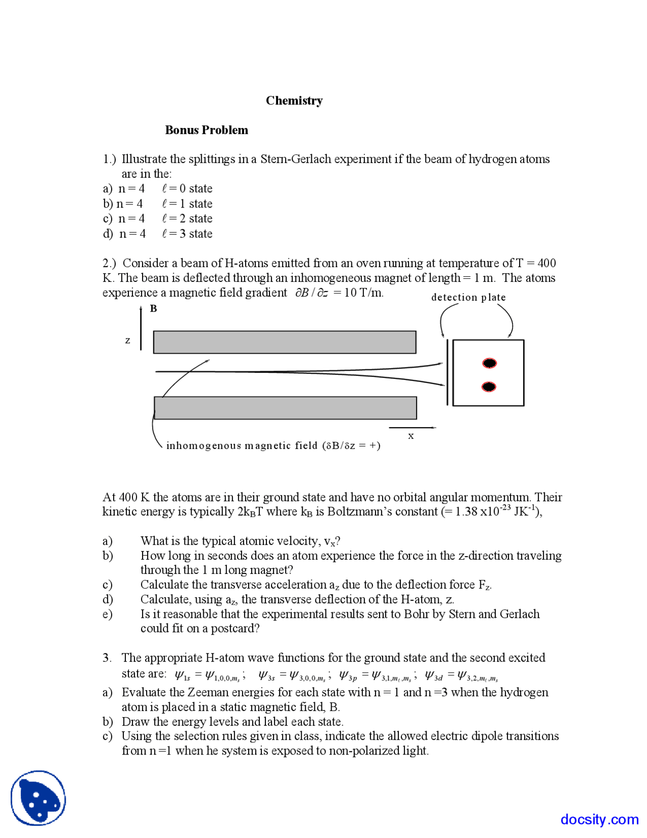 Hydrogen Atoms - Advanced Quantum Chemistry and Spectroscopy - Problem ...