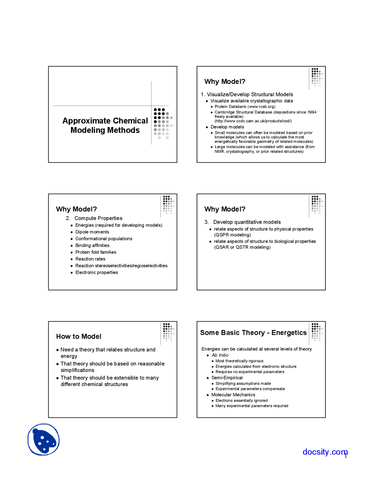 Approximate Chemical Modeling Chemical Modeling Lecture Slides