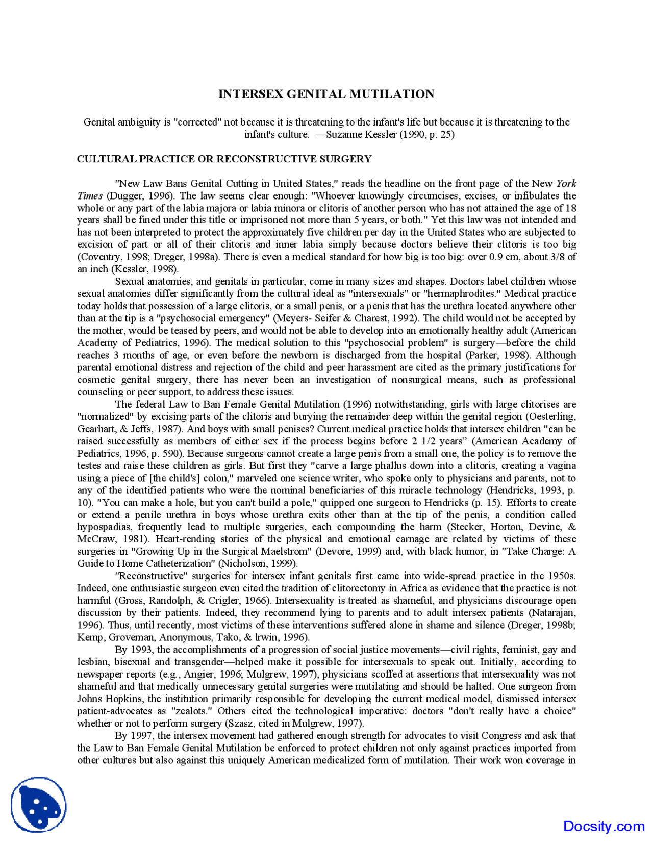 Intersex Genital Mutilation Psychosexual Adjustment Lecture Notes