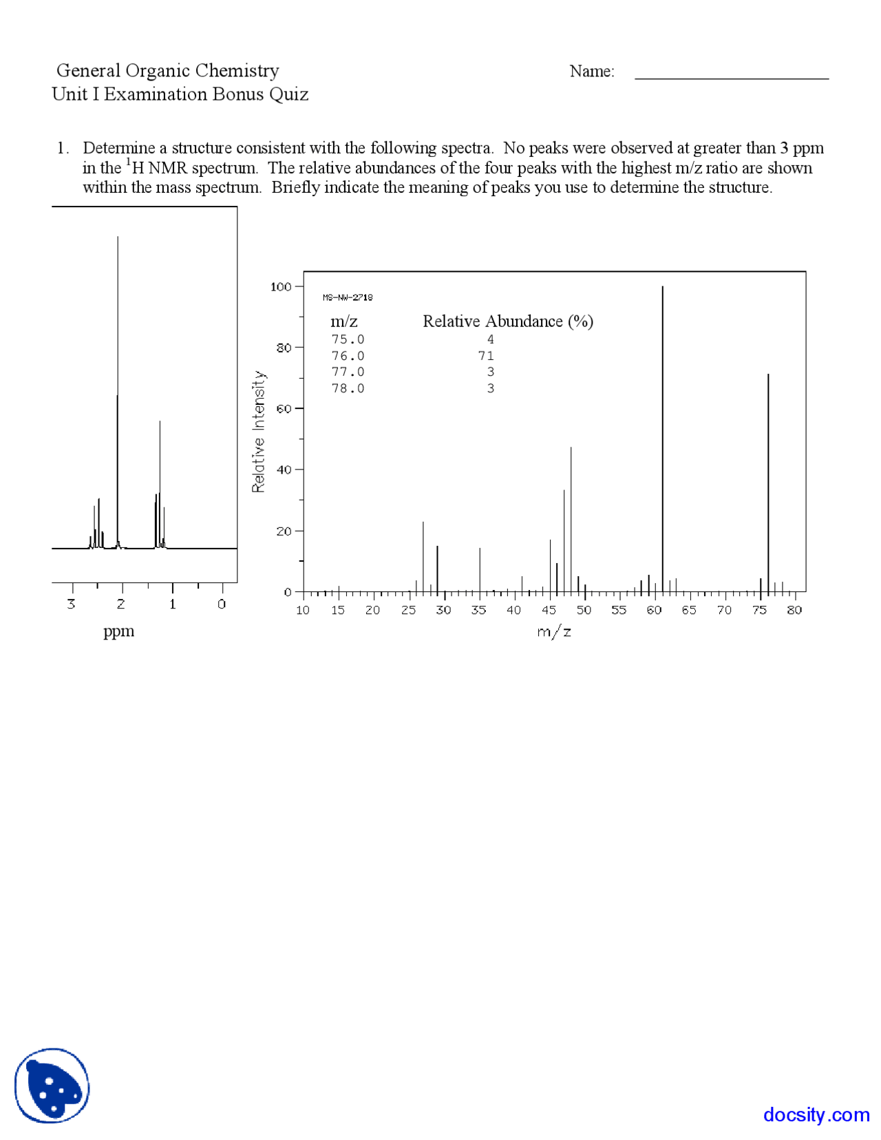 Mass Spectrum - Organic Chemistry - Quiz - Docsity
