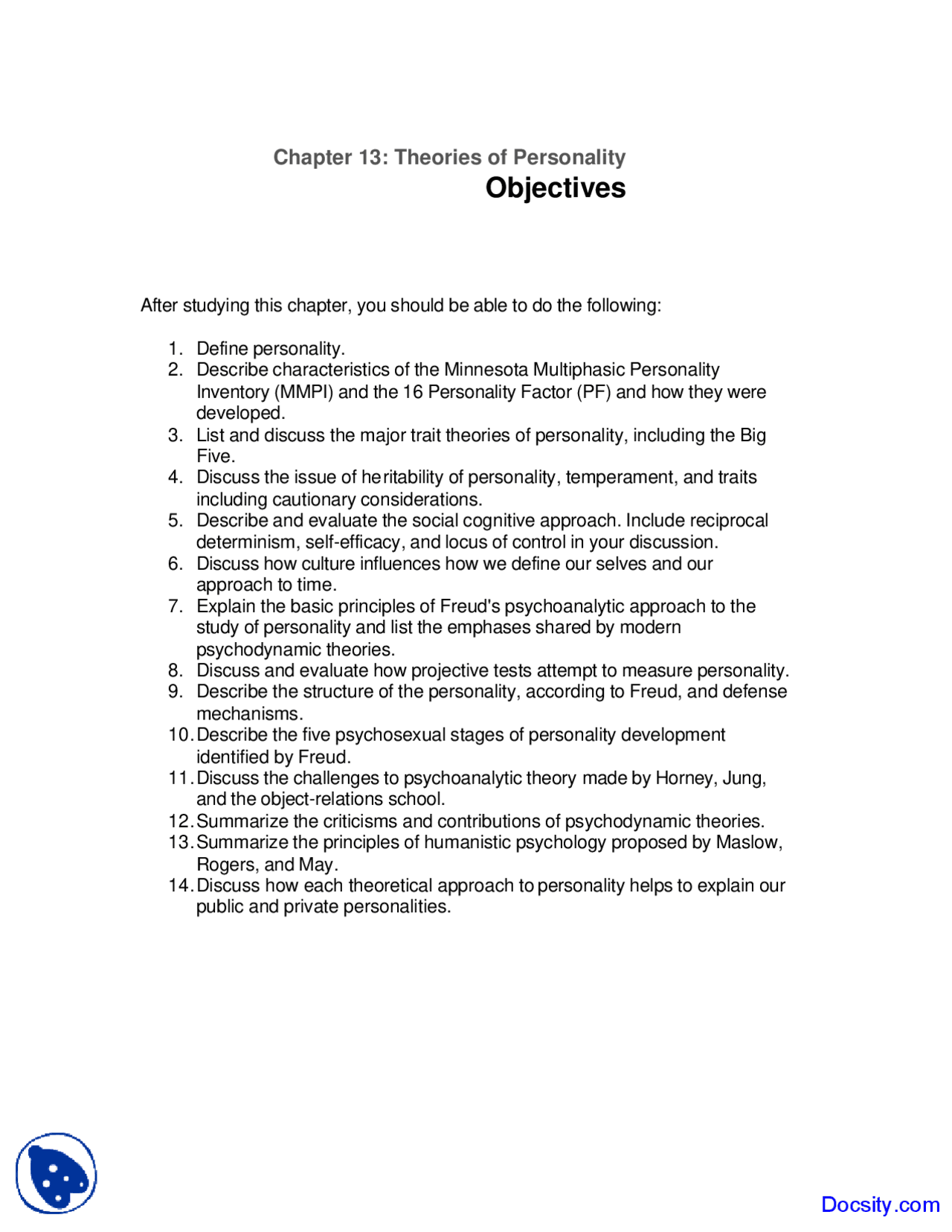 Theories Of Personality Cognitive Psychology Quiz Exercises