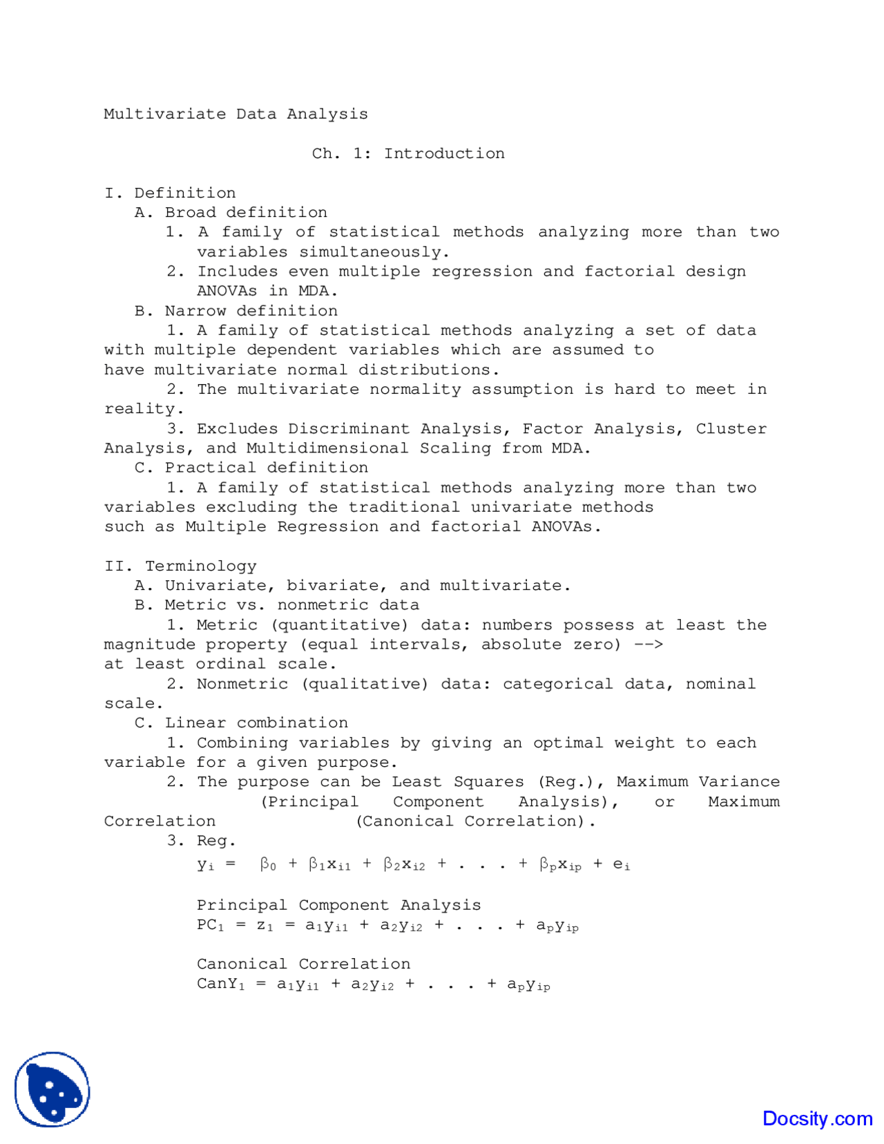 Multivariate Data Analysis Basic Statistics For Behavioral Sciences Lecture Notes Docsity