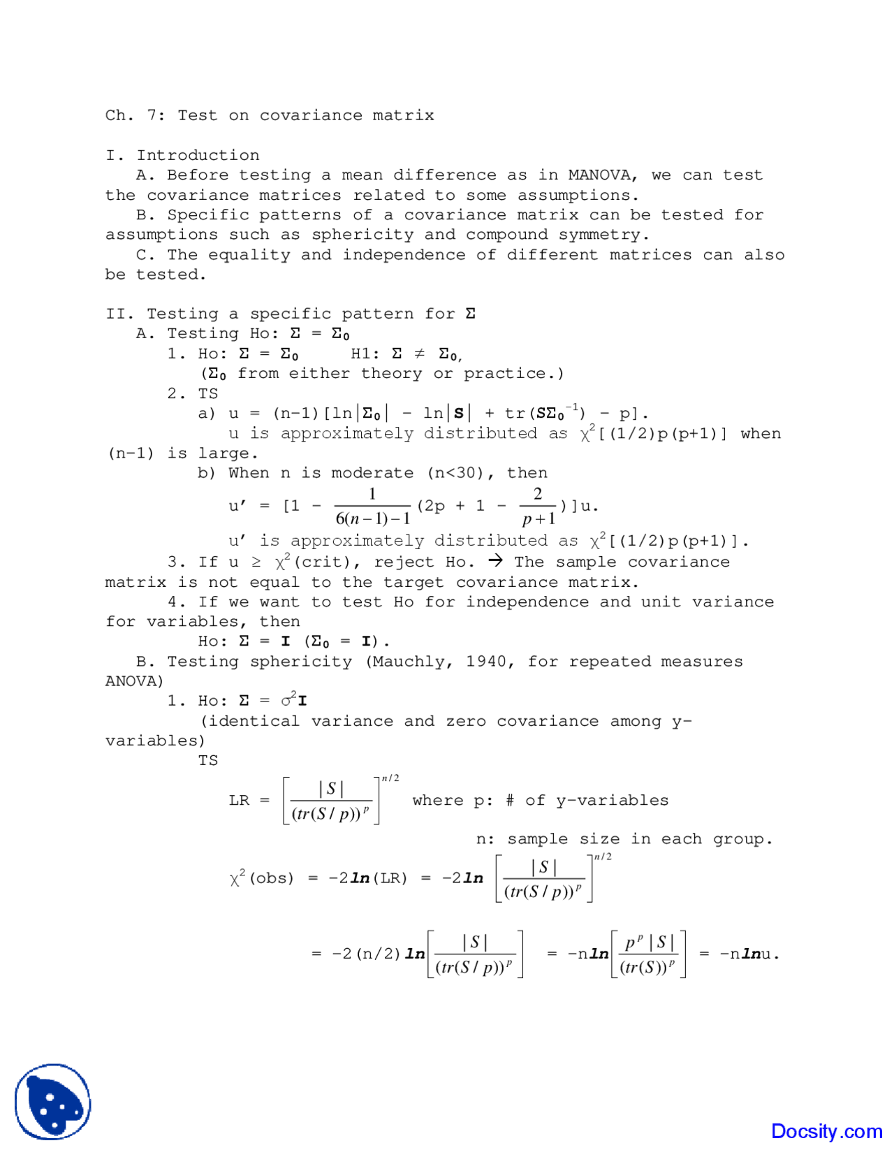 Test On Covariance Matrix Basic Statistics For Behavioral Sciences