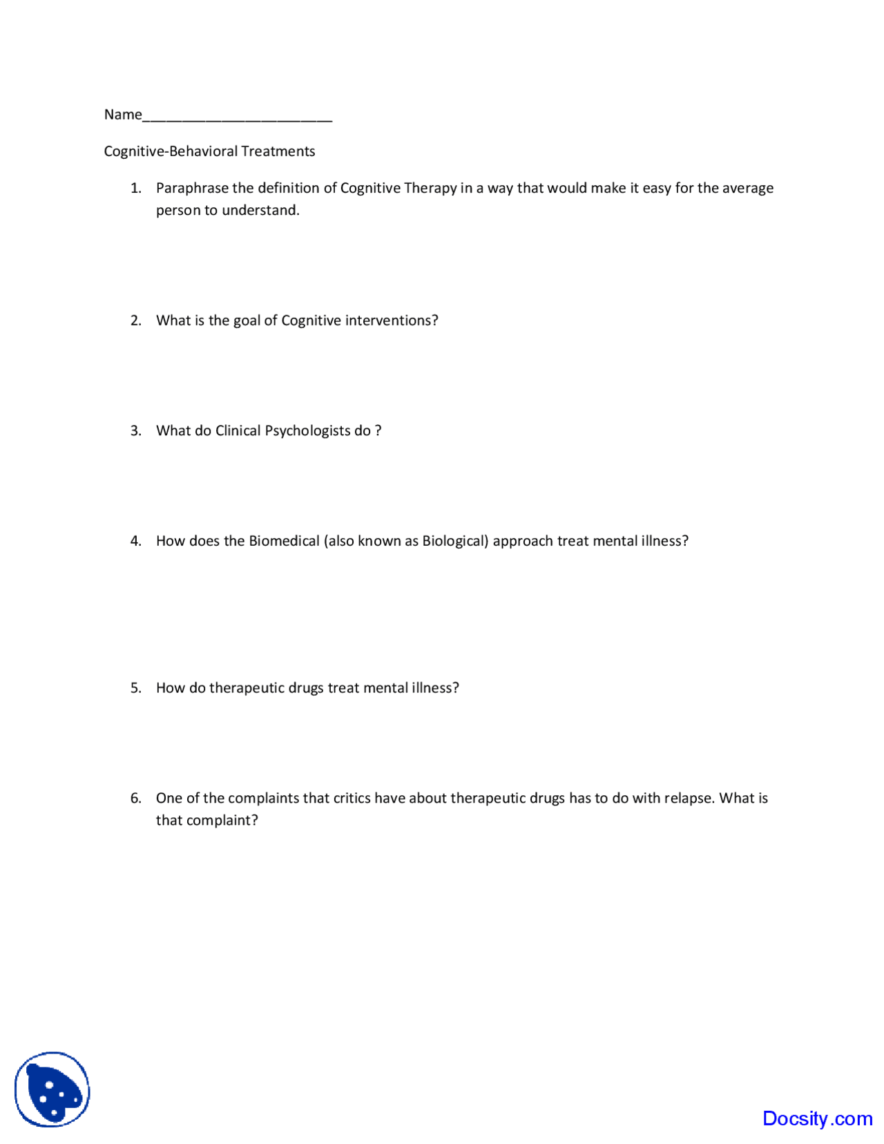 Cognitive Behavioral Treatments - General Psychology - Quiz - Docsity