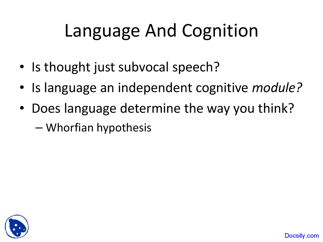Language And Cognition - Human Cognitive Processes - Lecture Slides - Docsity