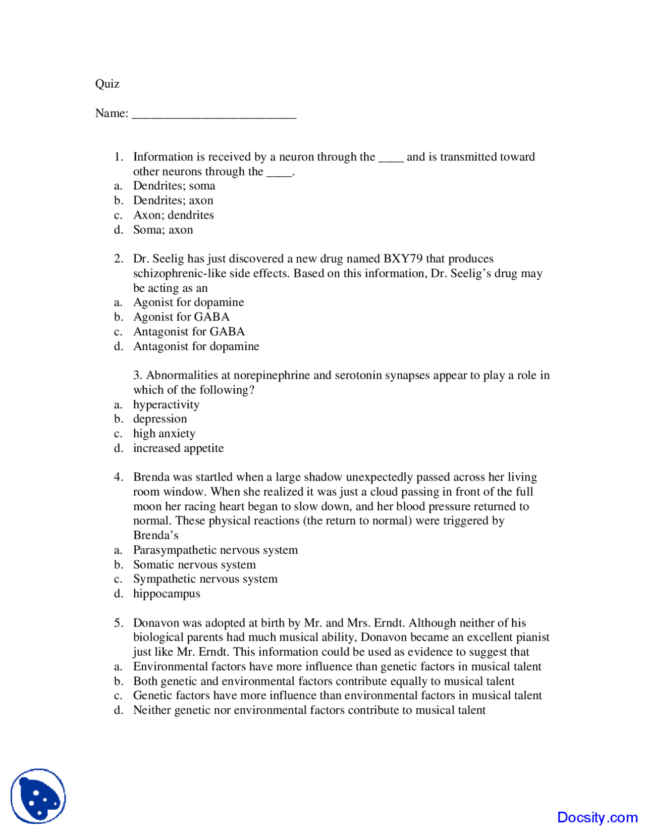 Nervous System - General Psychology - Quiz | Exercises Psychology | Docsity