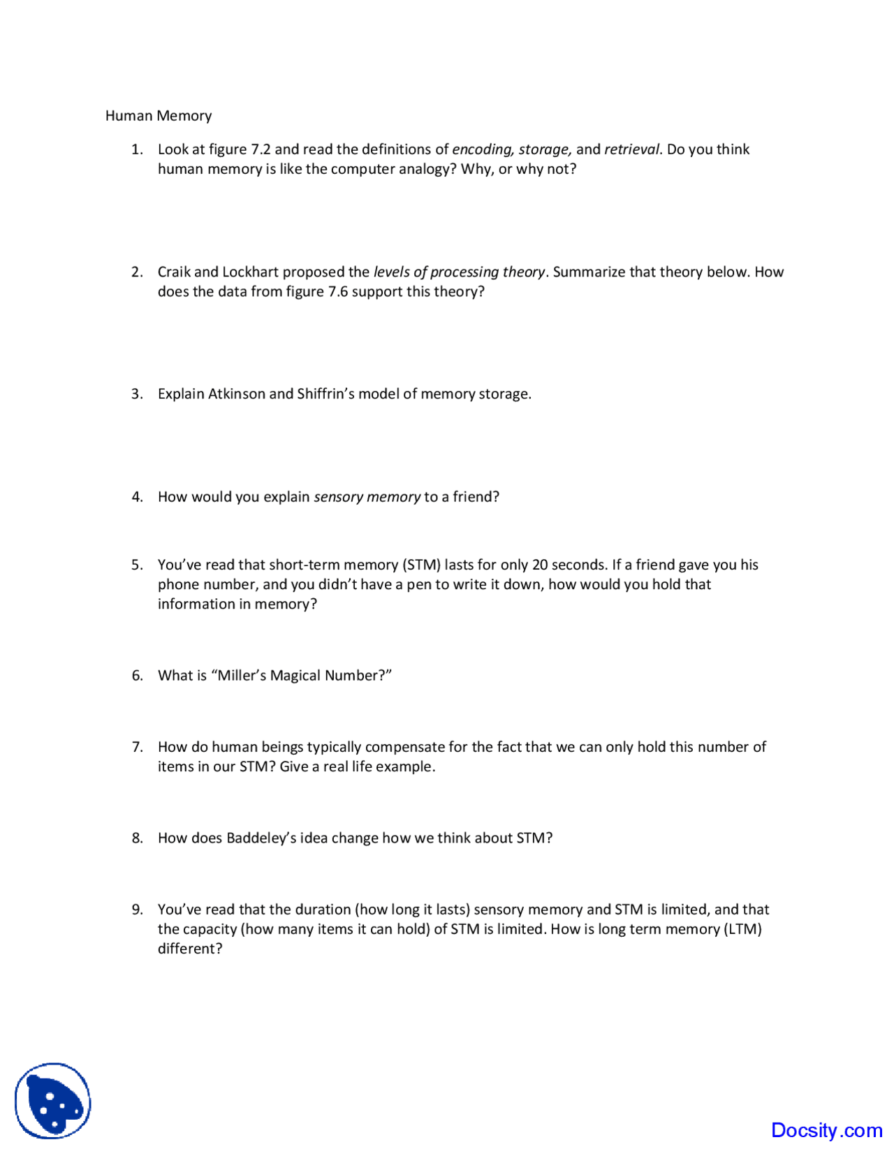 Human Memory General Psychology Quiz Docsity
