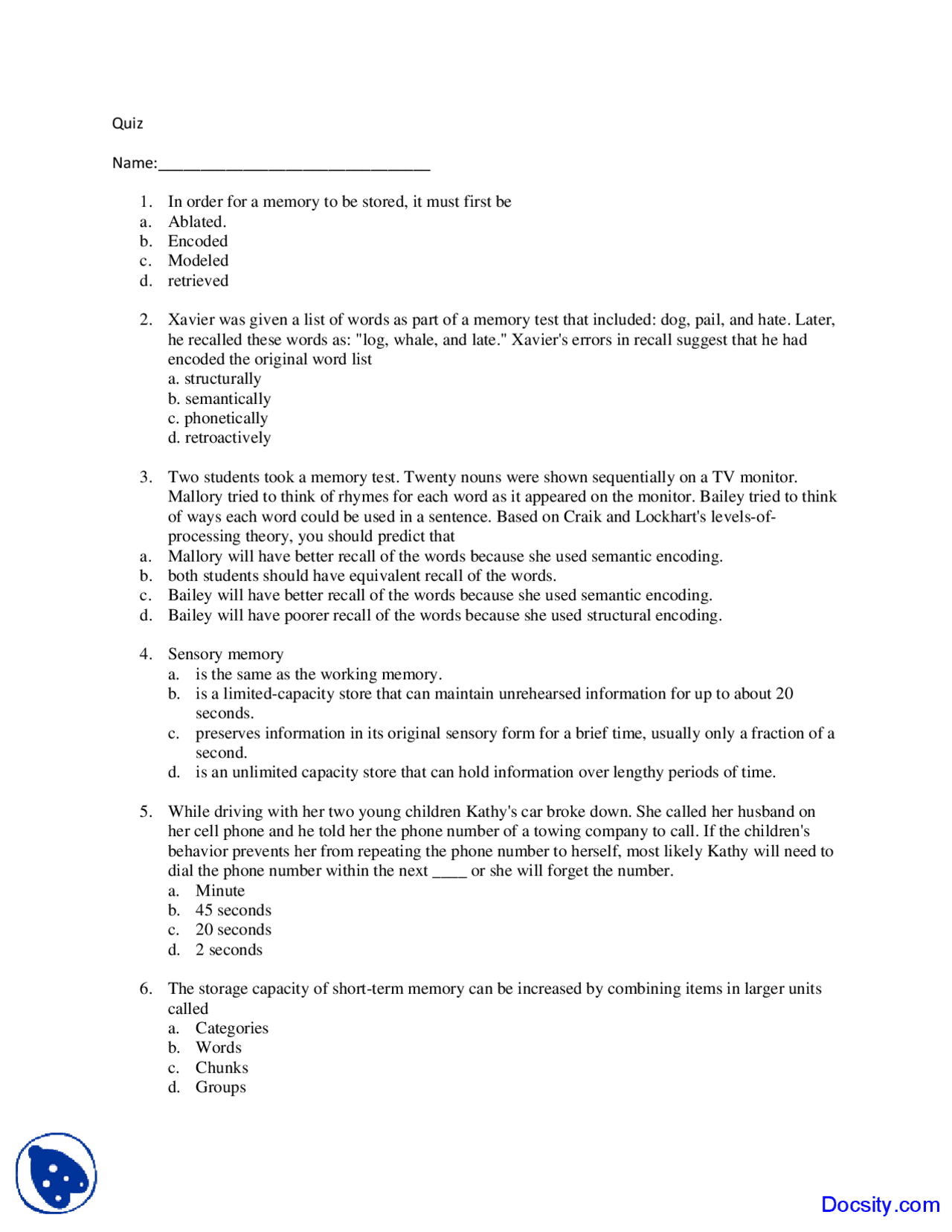 Memory - General Psychology - Quiz | Exercícios Psicologia | Docsity