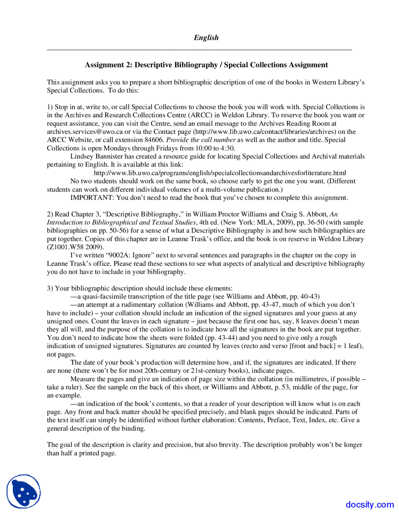 Descriptive Bibliography - English - Assignments - Docsity