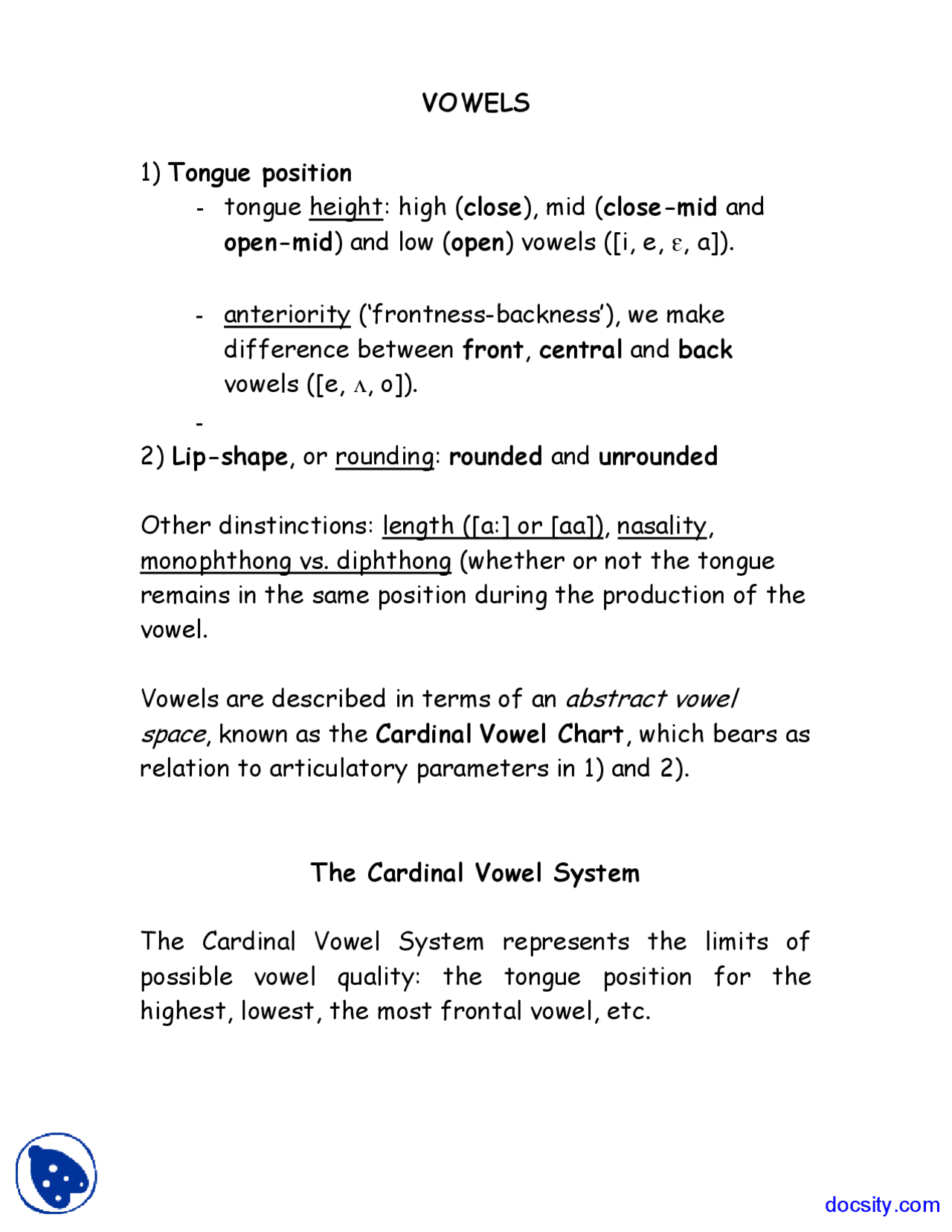 Vowels Cardinal - Introduction to Phonetics - Lecture Notes - Docsity